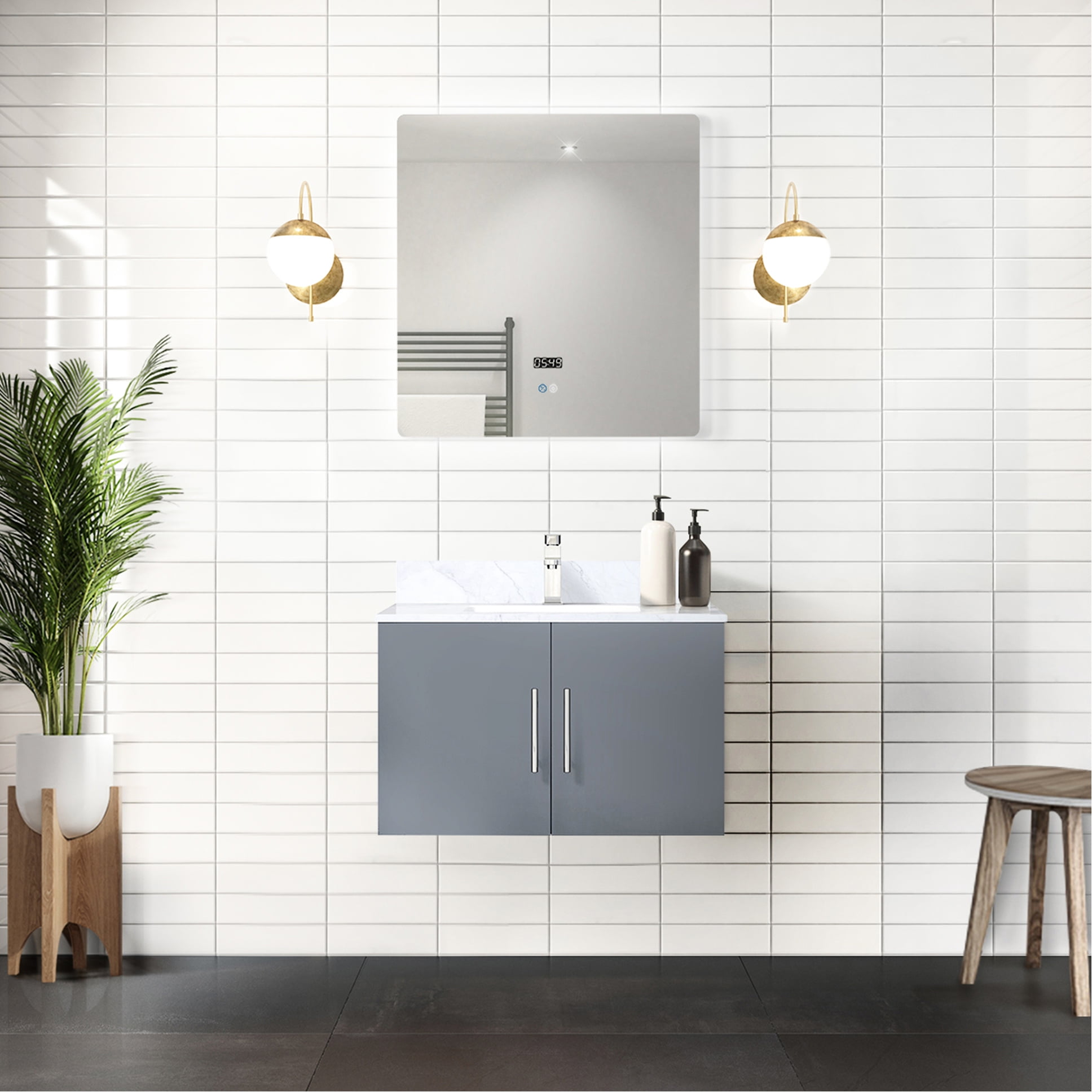 30 In. W X 22 D Dark Grey Bathroom Vanity With Marble Surface, Solid ...