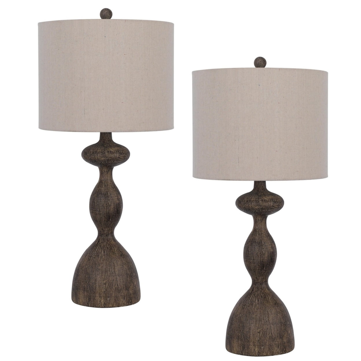 30 Inch 2 Table Lamps, Resin Accent, Turned Base, Rustic Wood Brown ...