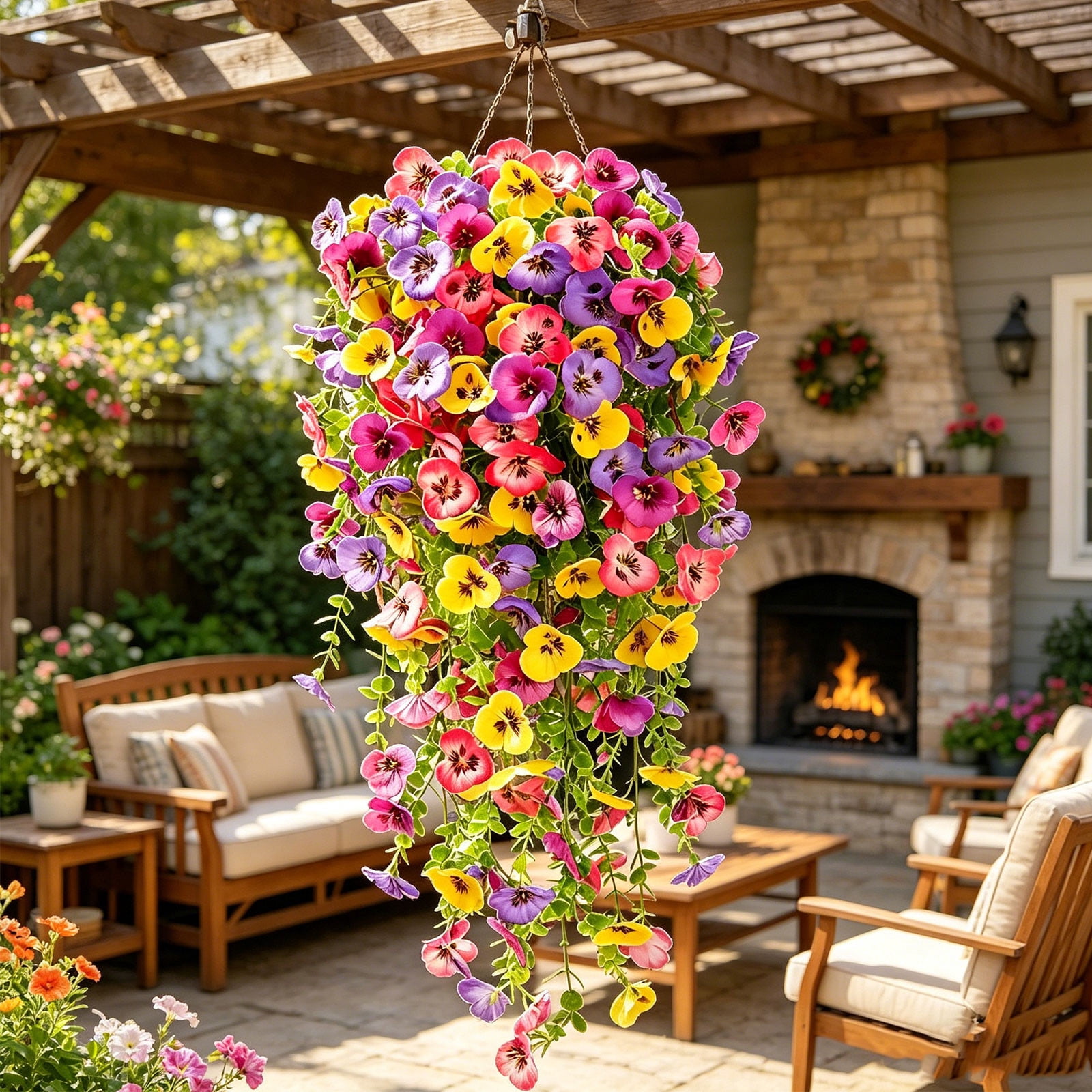 30 Inch Artificial Hanging Flowers Outdoor UV Treated Plastic Pansy ...