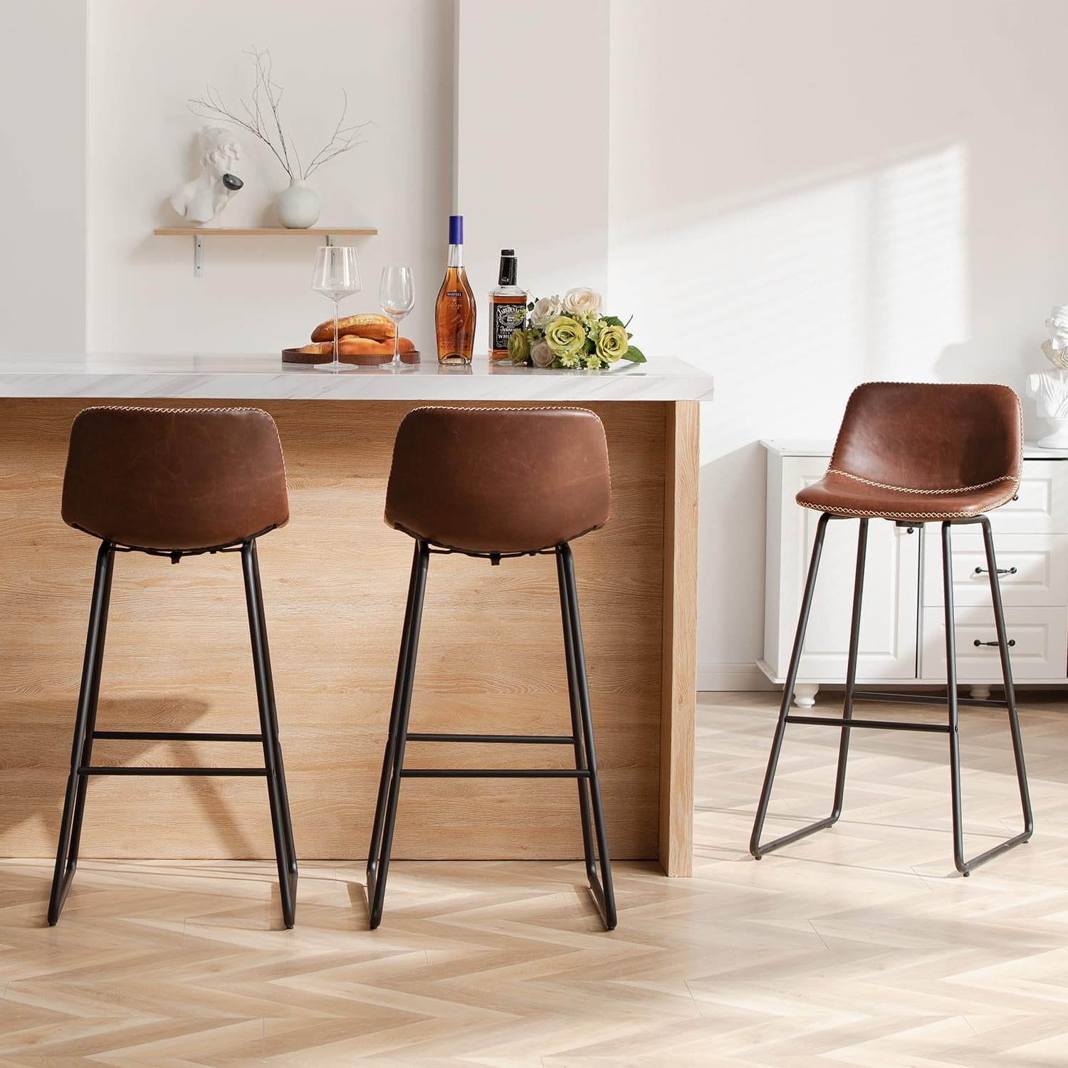 30 Inch Bar Stools Set of 3, Brown Counter Height Barstools with Back ...
