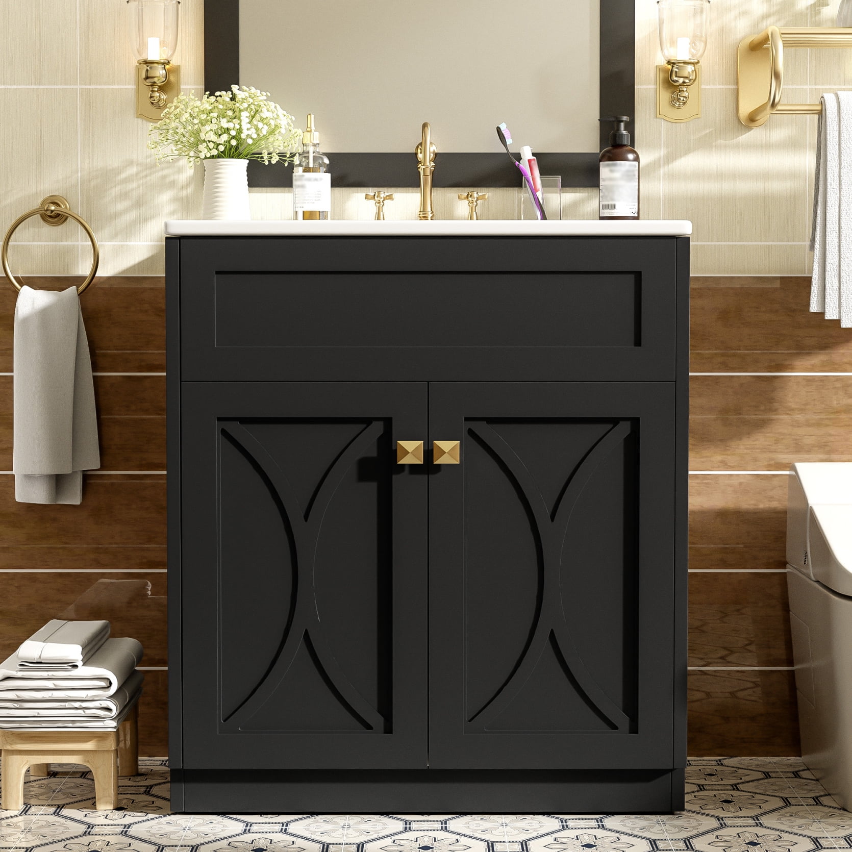 30 Inch Bathroom Vanity with Ceramic Sink Combo, Solid Wood Frame ...