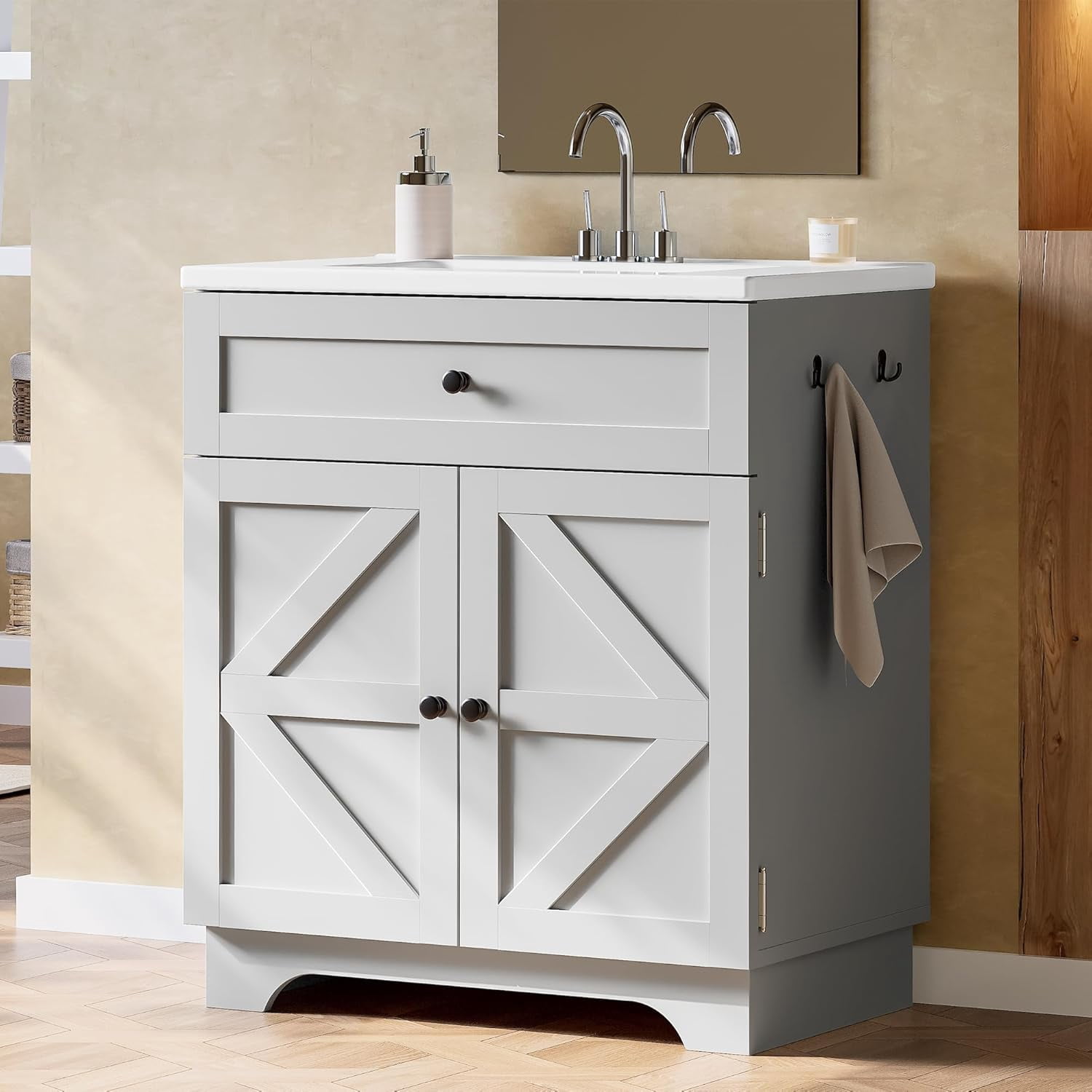 30 Inch Bathroom Vanity with Integrated Ceramic Sink, Farmhouse Single ...