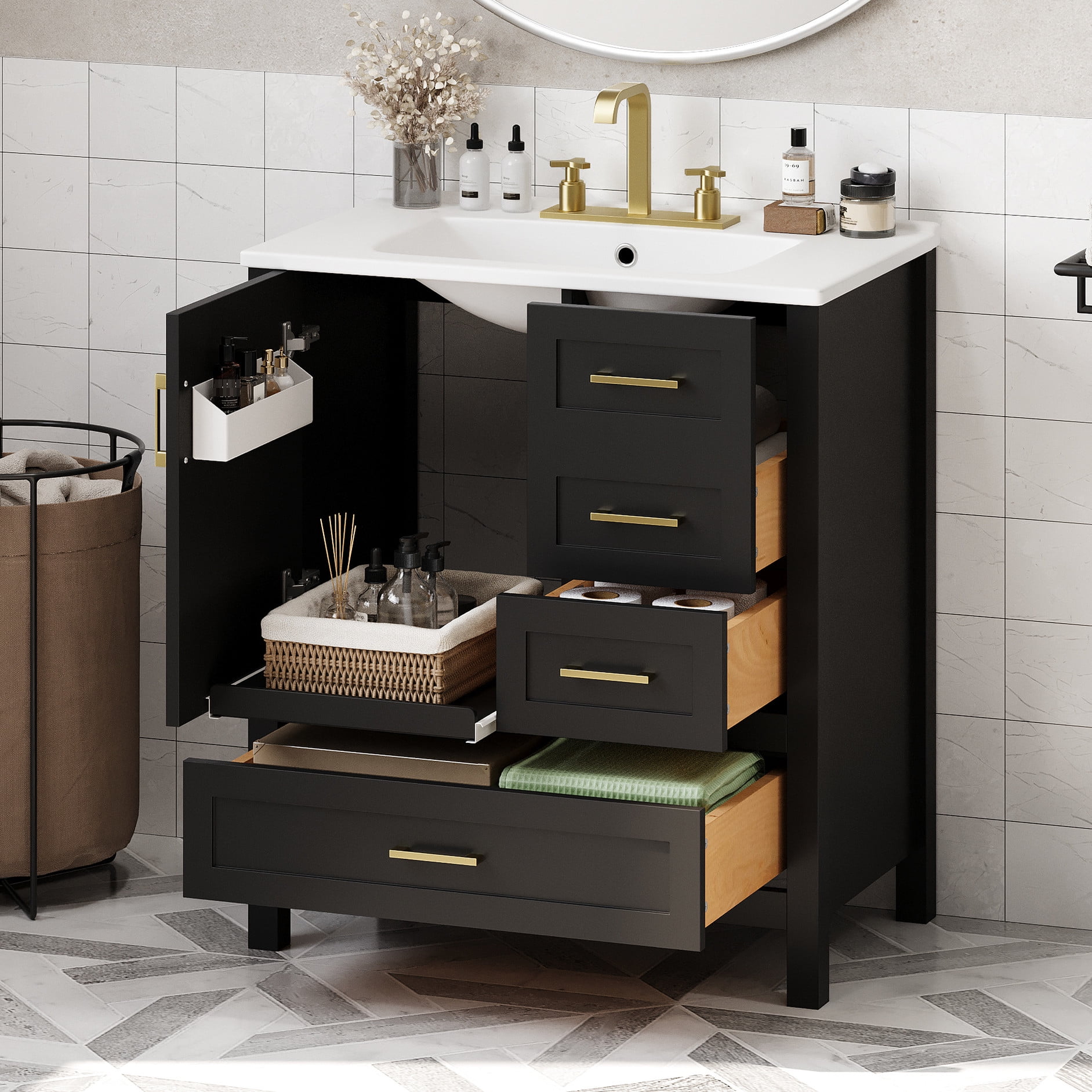 30-Inch Black Bathroom Vanity Set | Soft Close Mechanism for Doors and ...