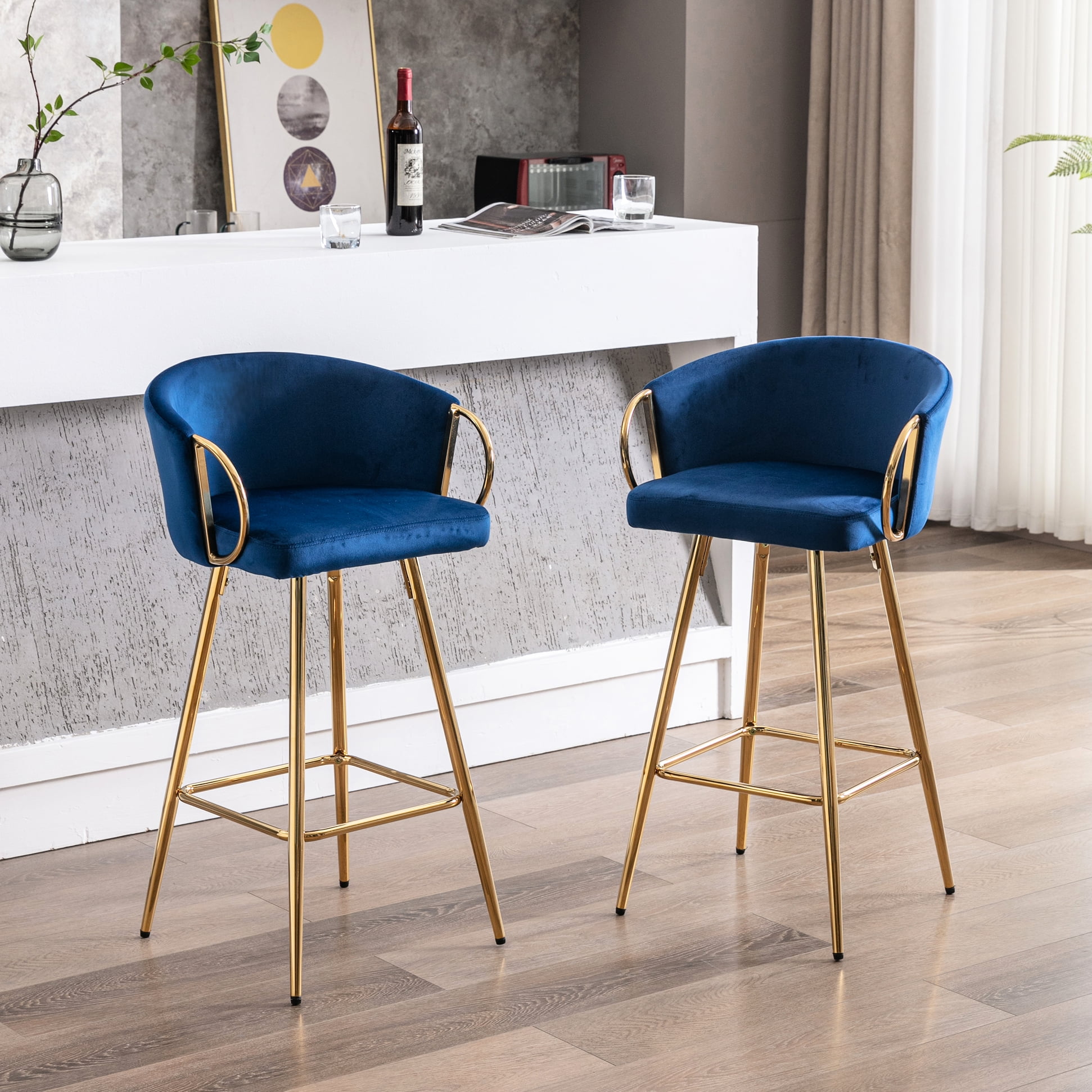 30 Inch Blue Velvet Bar Stools (2) With Footrest And Golden Legged Path ...