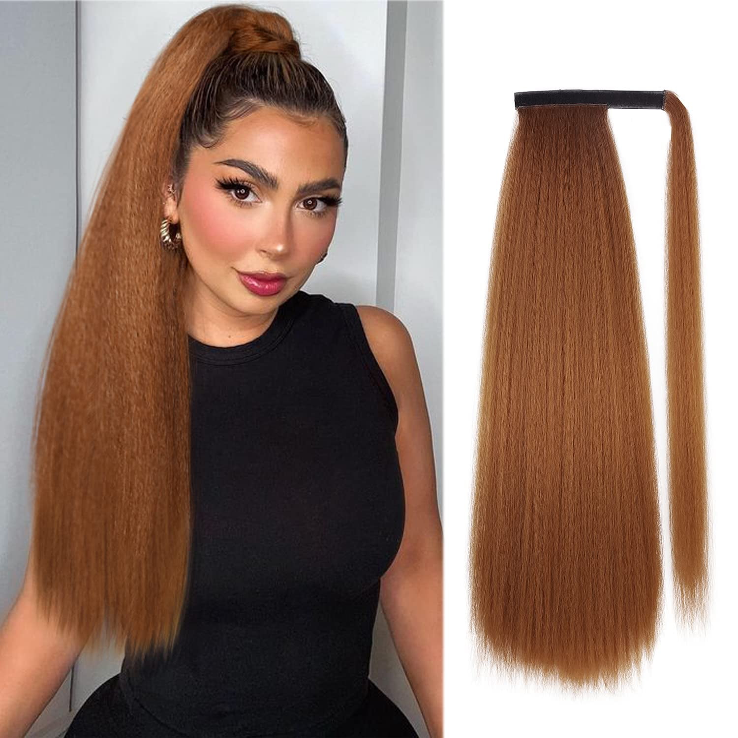 30 Inch Brown kinky Straight Ponytail Brown Yaki Straight Ponytail ...