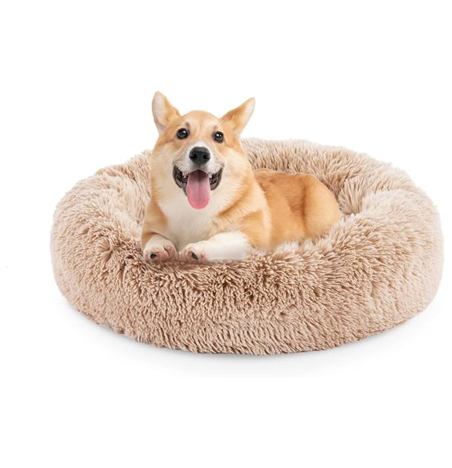 30 Inch Calming Donut Bed for Dogs and Cats, Brown Washable Plush Fur ...