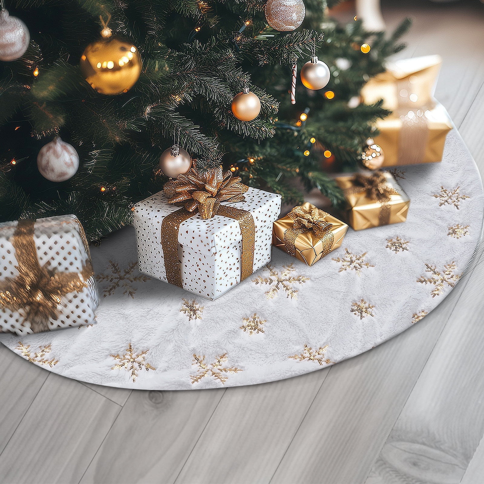 Golden Feather Pattern 30'' Faux Fur Christmas Tree Skirt, Velvet ...