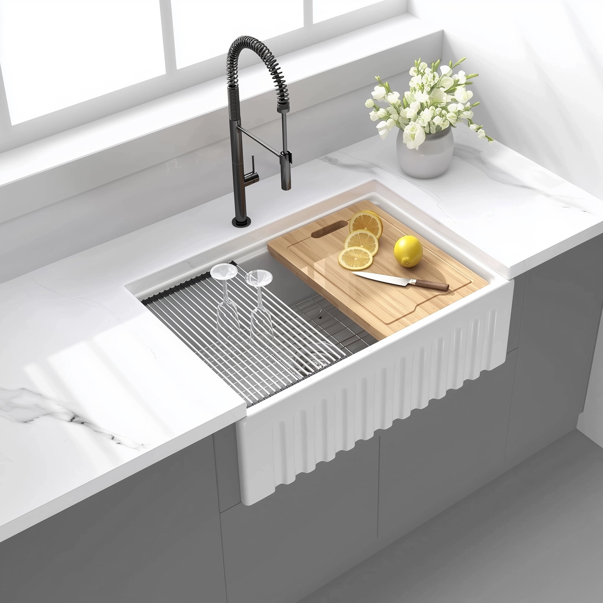 30 Inch Fireclay Farmhouse Sink-30"x 20"White Workstation Reversible ...
