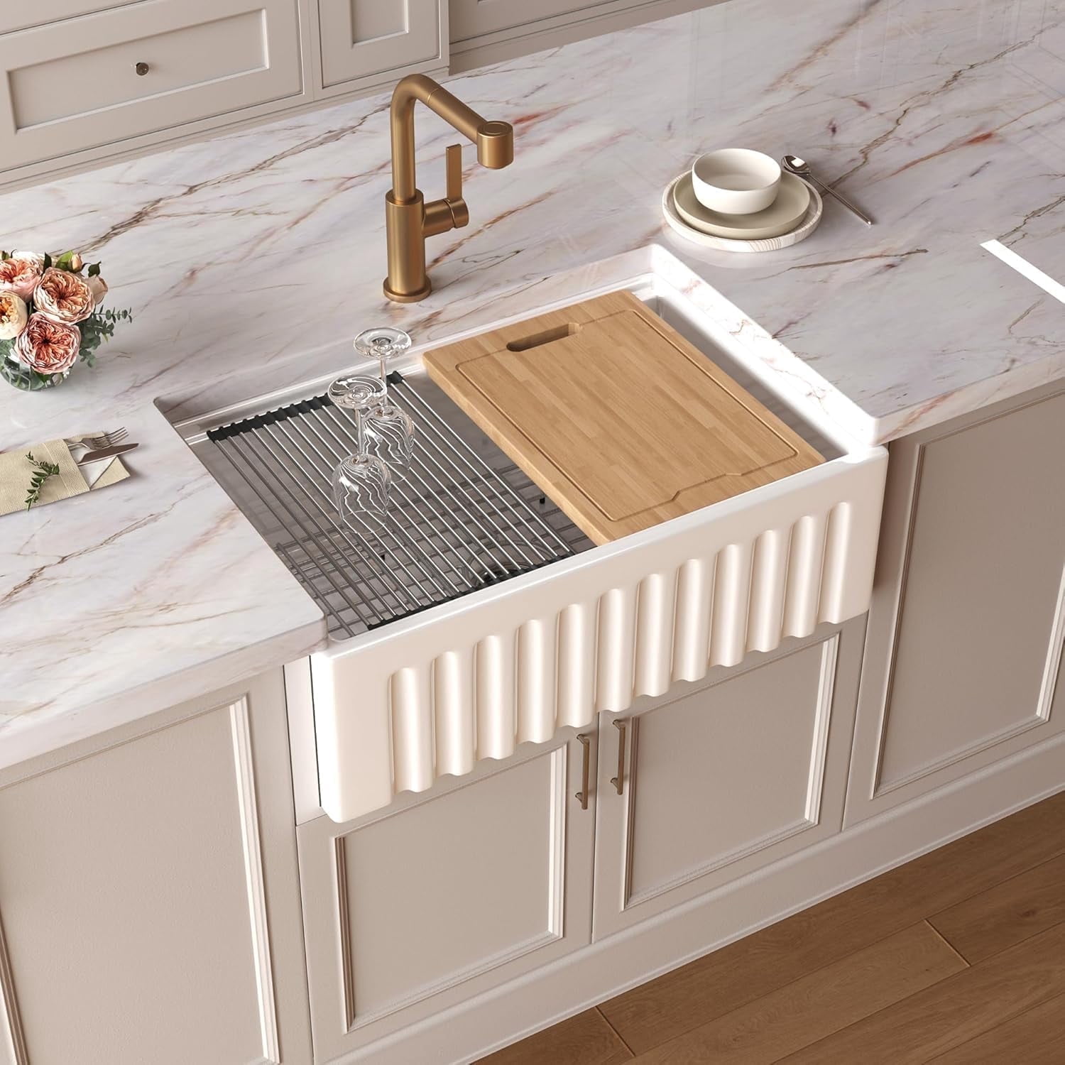 30 Inch Fireclay White Farmhouse Sink-30"x 20"Workstation Reversible ...