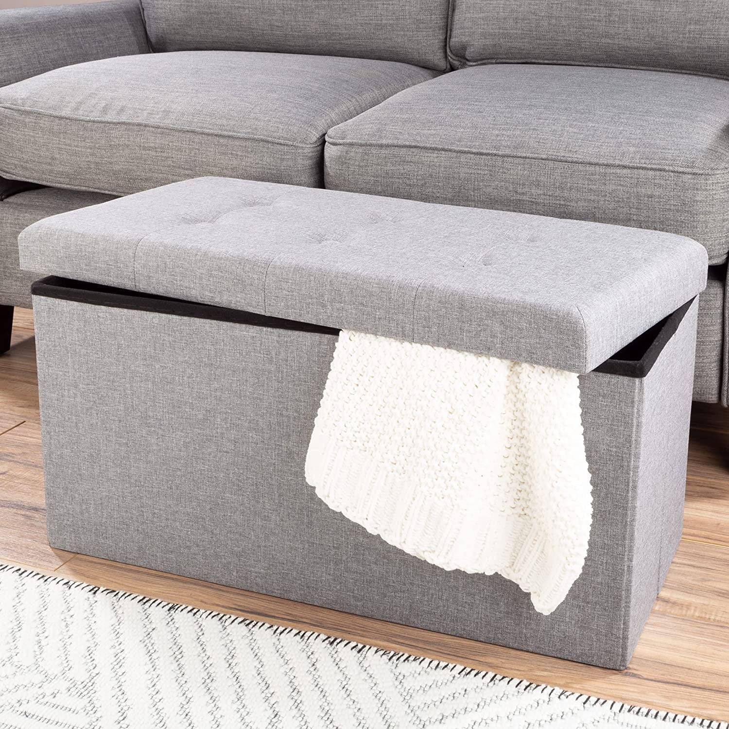 30-Inch Folding Storage Ottoman - Tufted Linen Footrest with Removable ...
