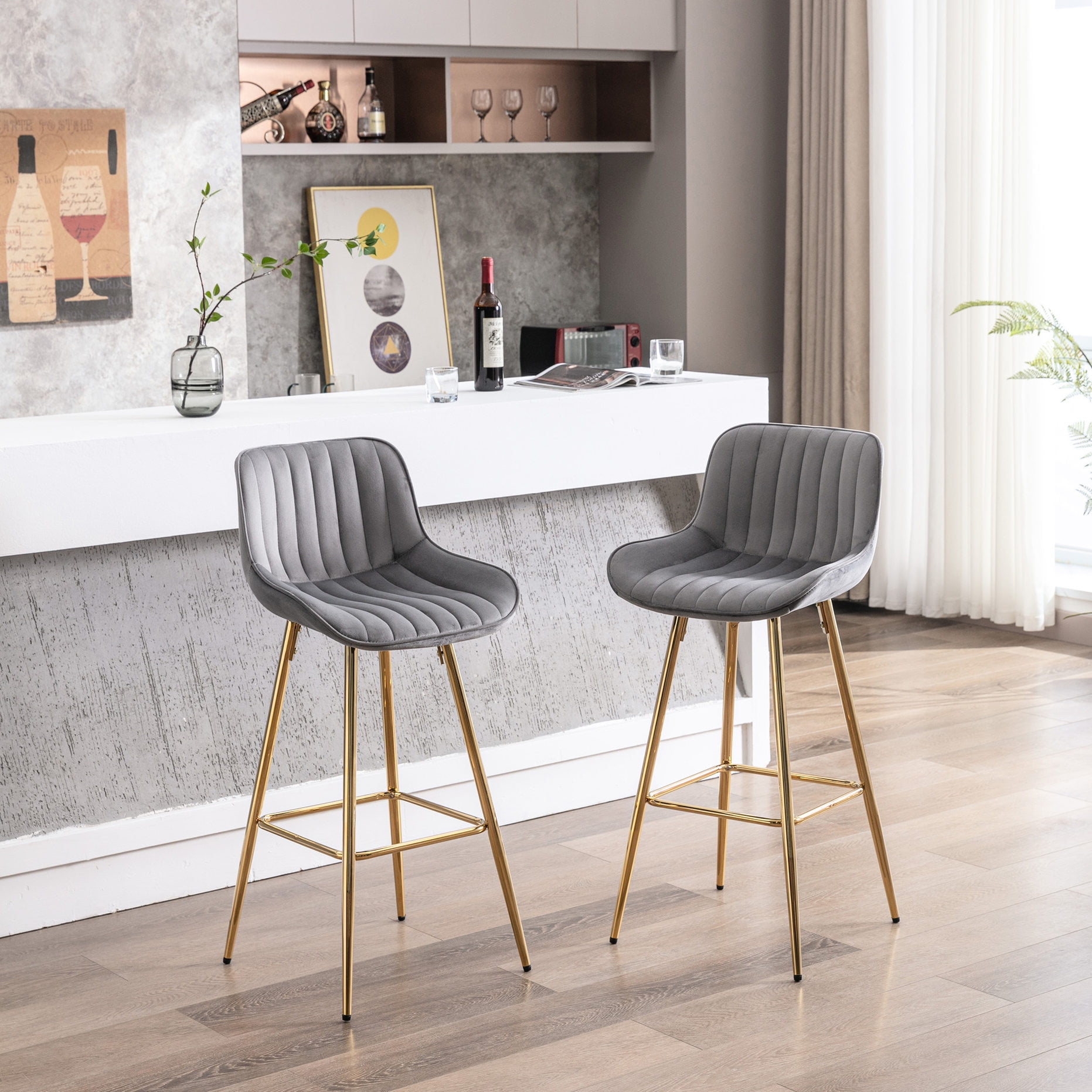 30 Inch Gray Velvet Counter Stools with Chrome Footrest | Soft Seating ...