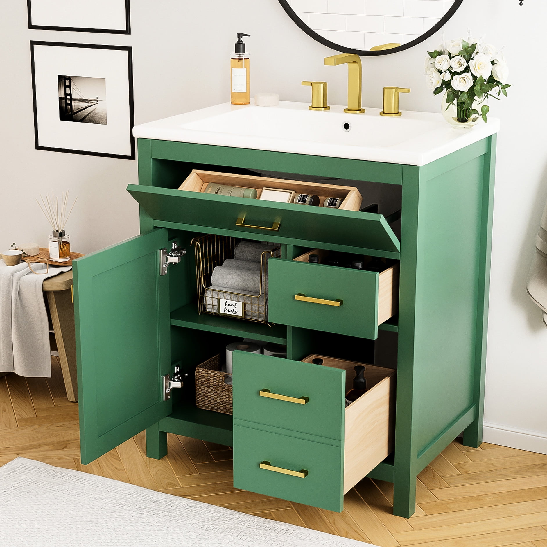 30-Inch Green Bathroom Vanity with Ceramic Sink | Tailored for Small ...