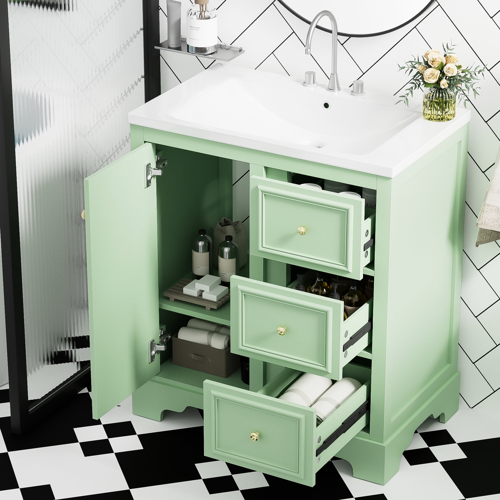 30-Inch Green Vanity, Golden Metal Handles - Adds Elegance and Style to ...