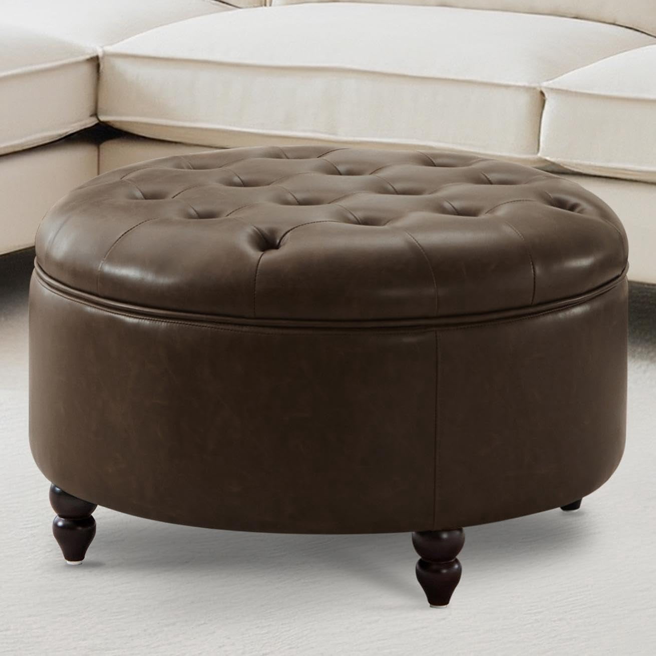 30-Inch Large Round Ottoman, Faux Leather Coffee Table with Removable ...