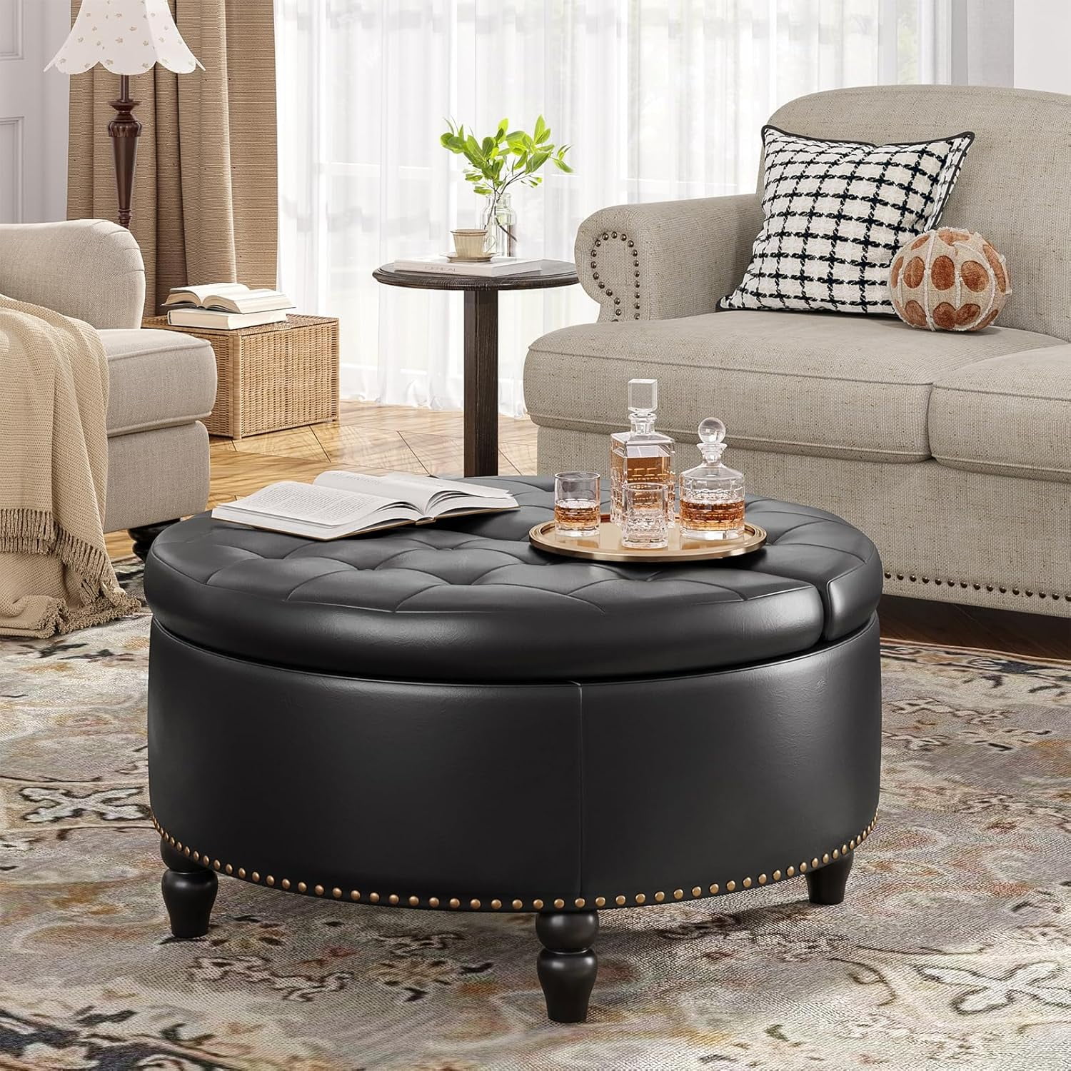 30 Inch Large Round Ottoman with Storage, Modern Leather Ottoman Coffee ...