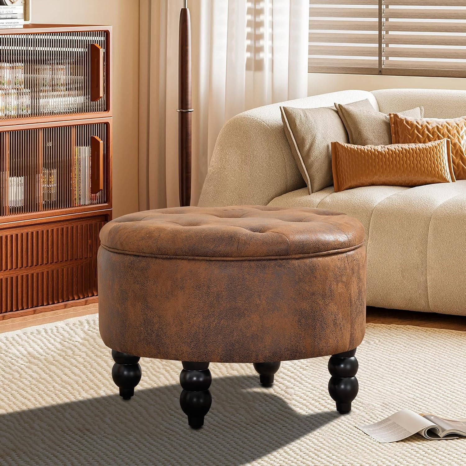 30 Inch Large Round Storage Ottoman Modern Fabric Upholstered Tufted ...