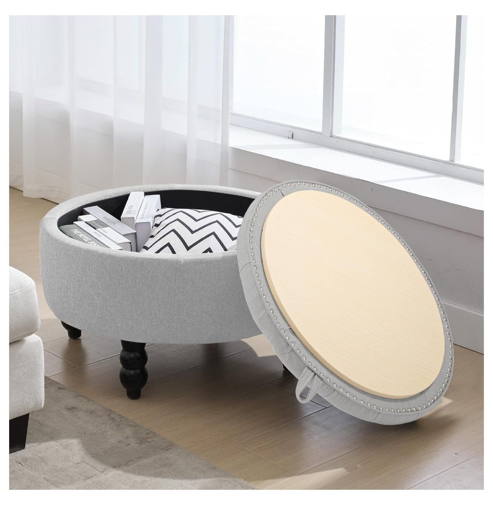 30 Inch Large Round Storage Ottoman, Modern Fabric Upholstered Tufted ...