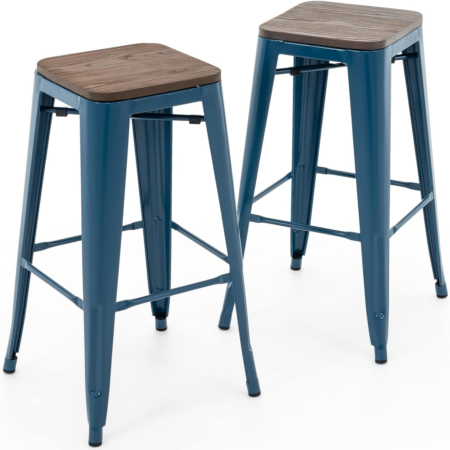 30 Inch Metal Bar Stools with Square Solid Elm Wood Seat Top Backless ...