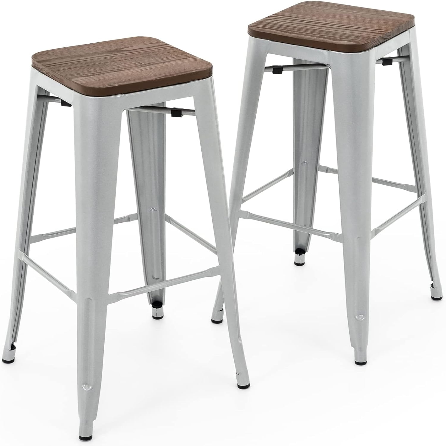 30 Inch Metal Bar Stools with Square Solid Elm Wood Seat Top Backless ...