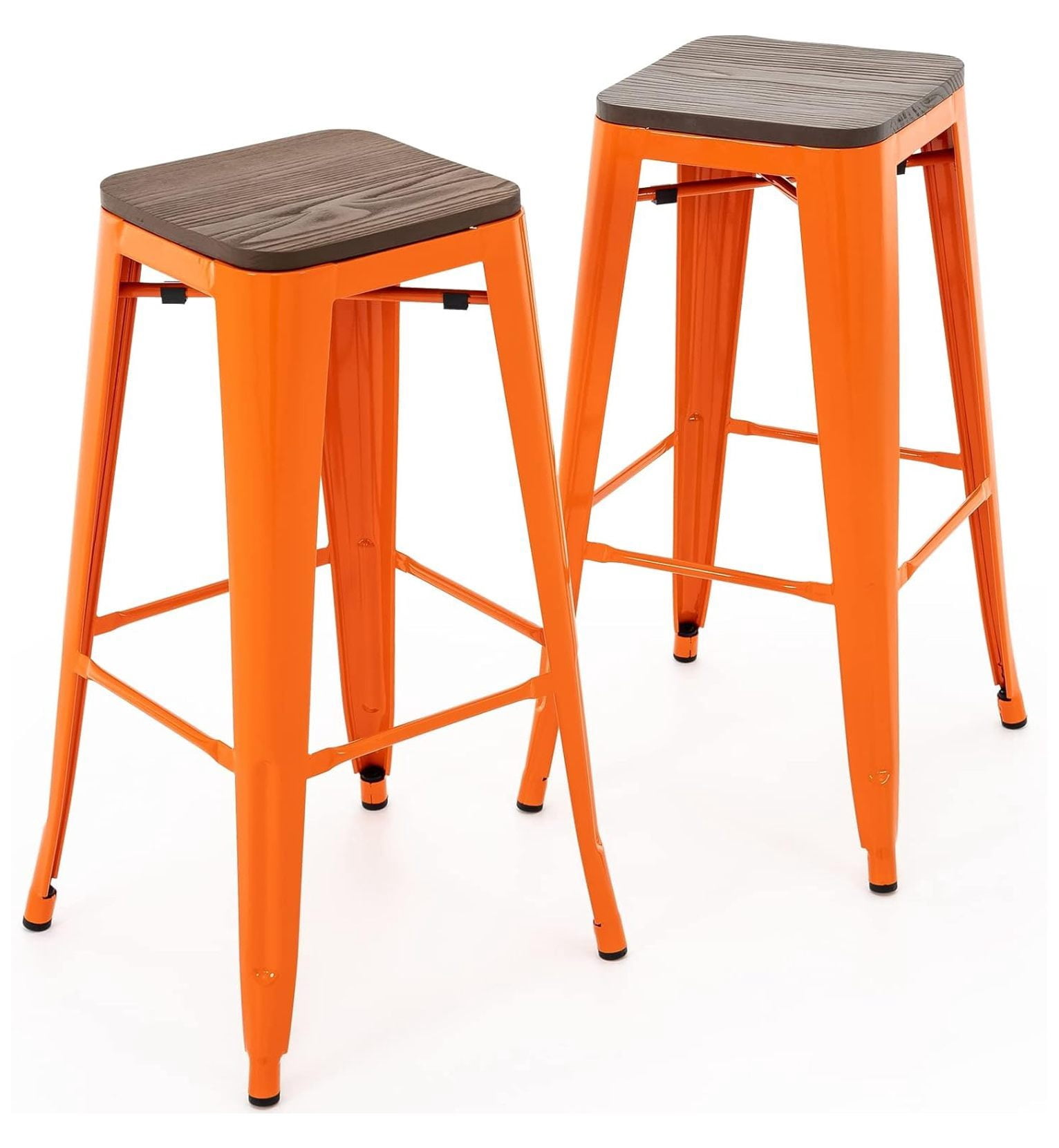 30 Inch Metal Bar Stools with Square Solid Elm Wood Seat Top, Backless ...