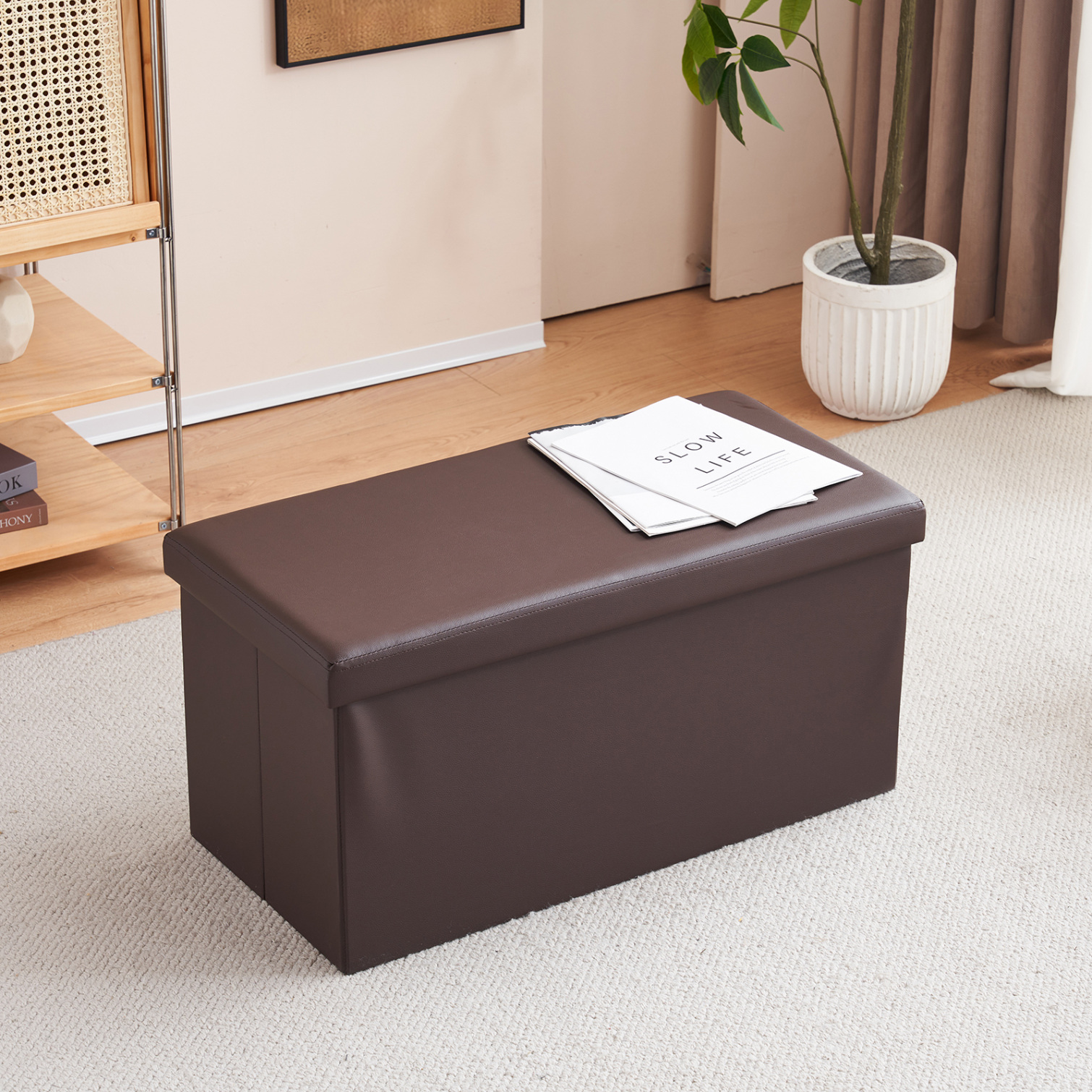 30-Inch Modern Glossy PVC Folding Storage Footstool, Soft Padded ...