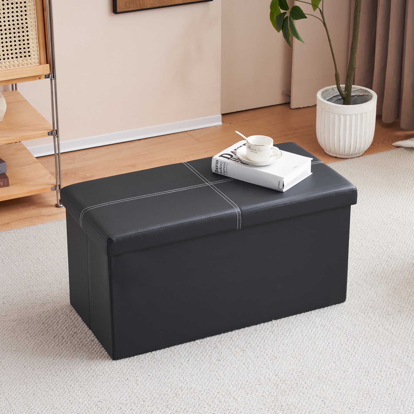 30-Inch Modern Lines PVC Folding Storage Footstool, Soft Padded Ottoman ...