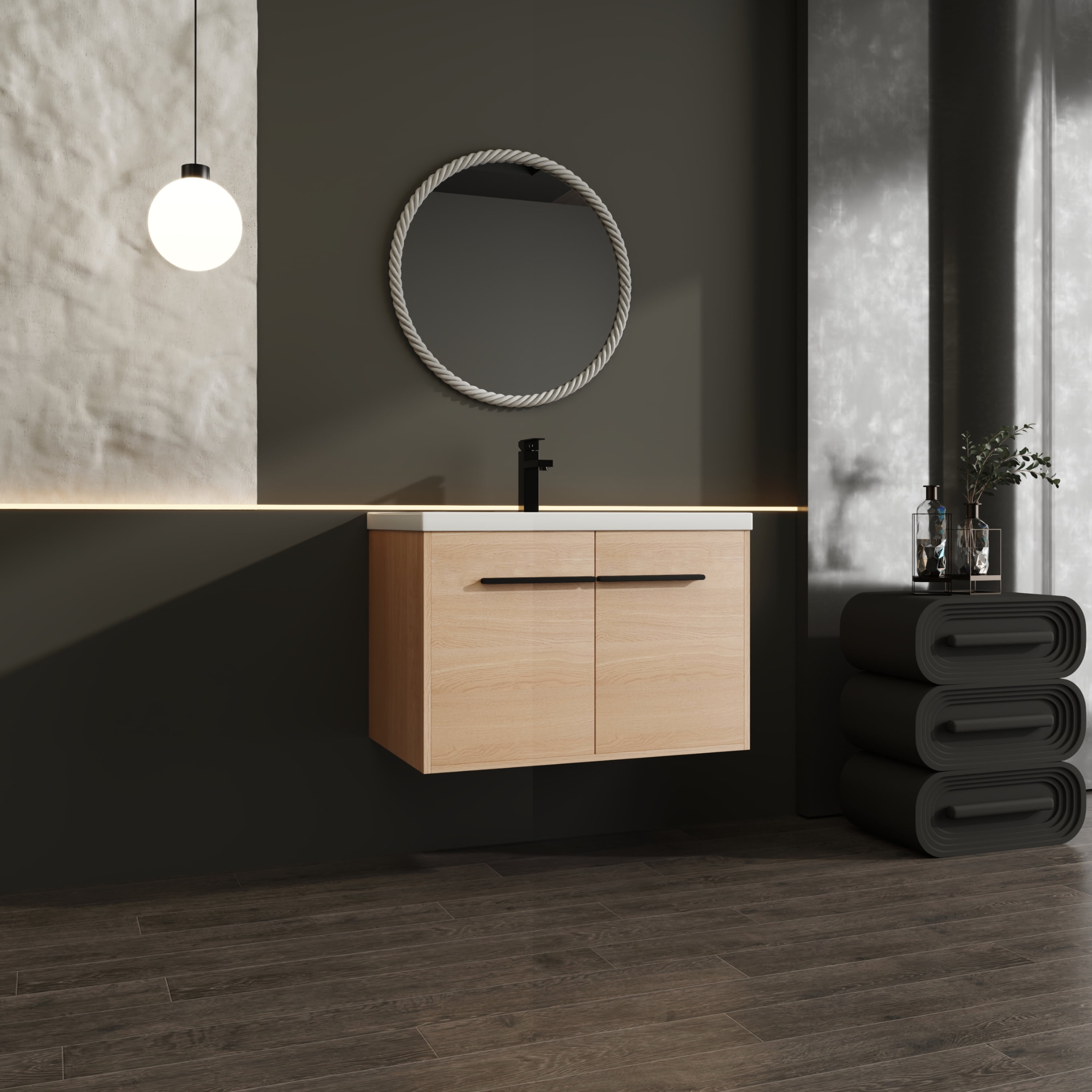 30 Inch Oak Bathroom Vanity with Resin Countertop Sink - 2 Door Storage ...