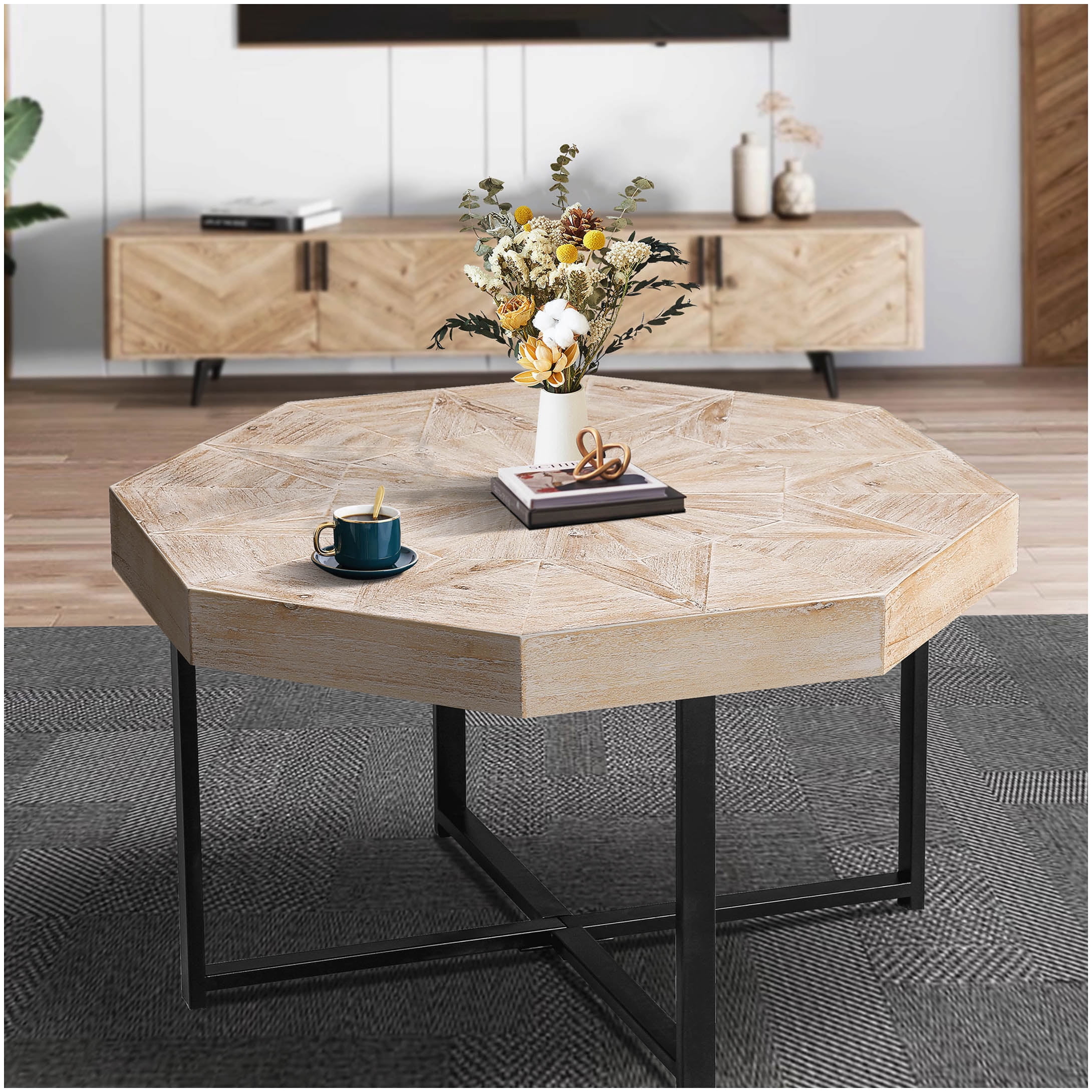 30 Inch Octagonal Coffee Table for Living Room, Vintage Patchwork ...