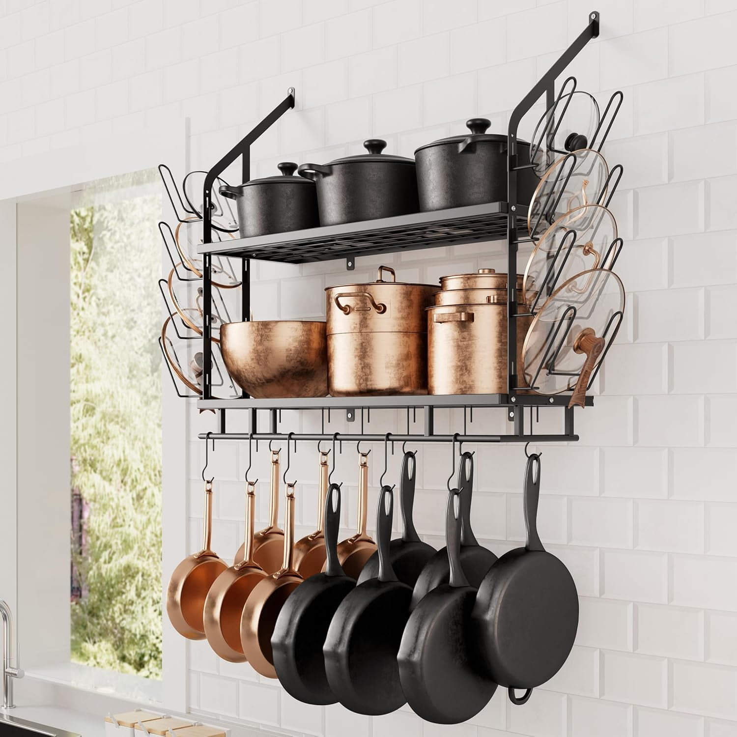 30-Inch Pot Rack Wall Mounted with 8 Secure Lid Holders & 12 Sturdy ...