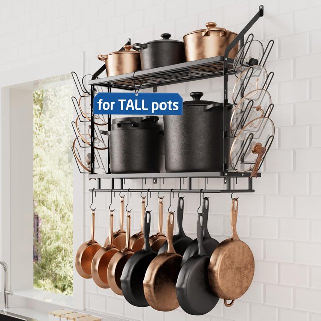 30-Inch Pot Rack Wall Mounted with 8 Secure Lid Holders & 12 Sturdy ...