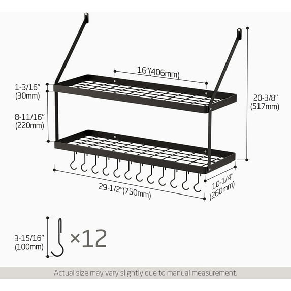 30-Inch Pot Rack Wall Mounted, Pots and Pans Hanging 2 Tier for Kitchen ...