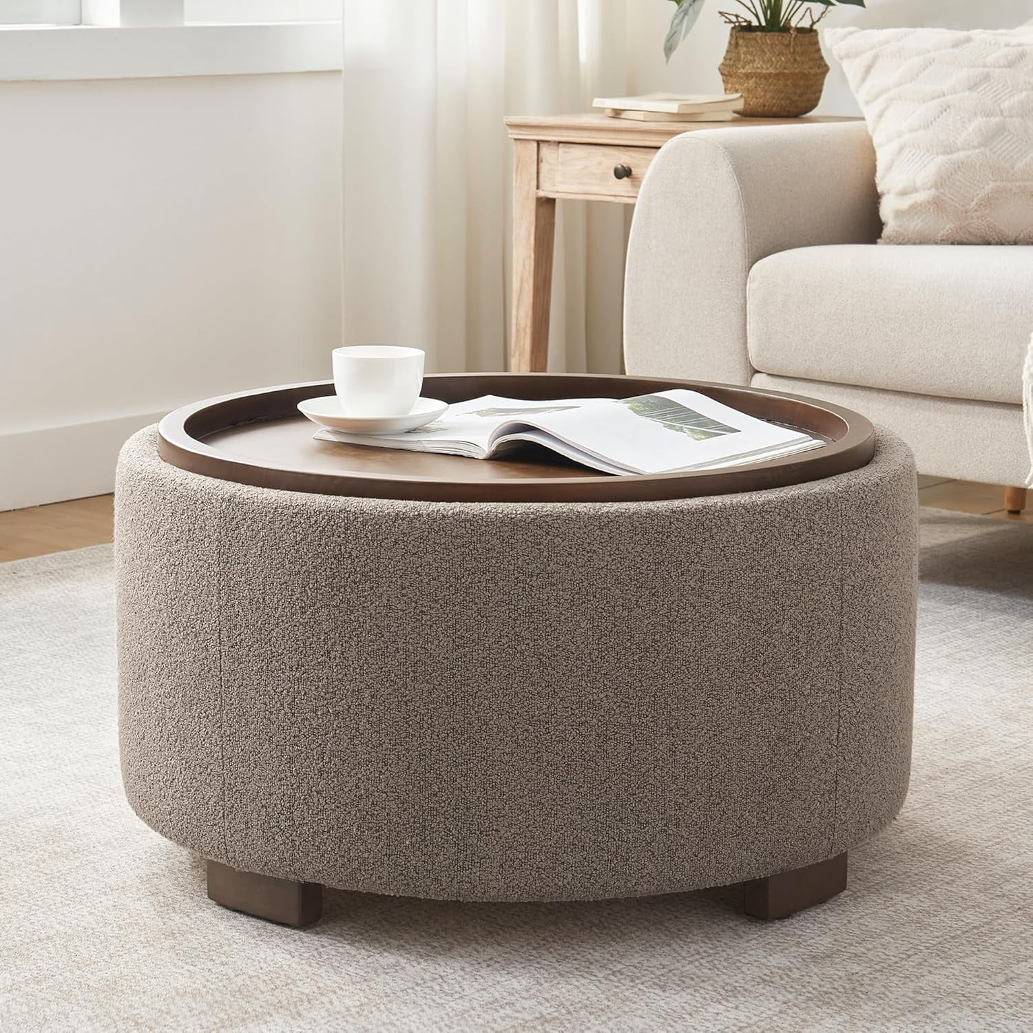 30 Inch Round Storage Ottoman Coffee Table, Modern Boucle Ottoman with ...