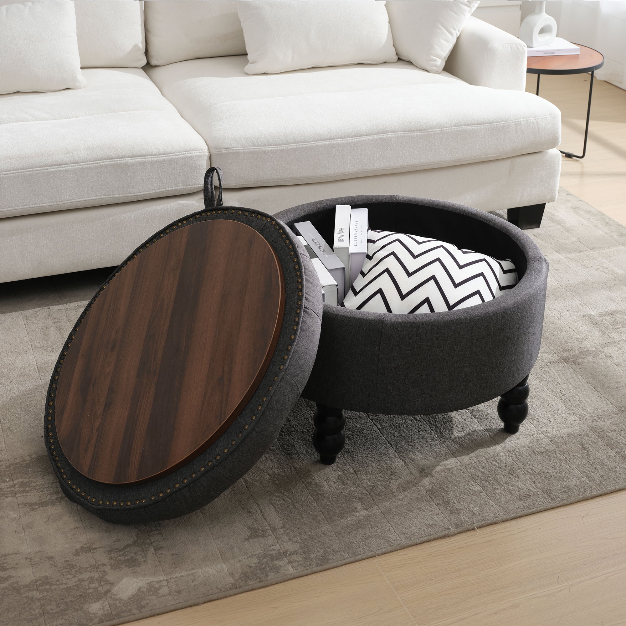 Foredo Large Round Ottoman, Button Tufted Linen Upholstered with ...