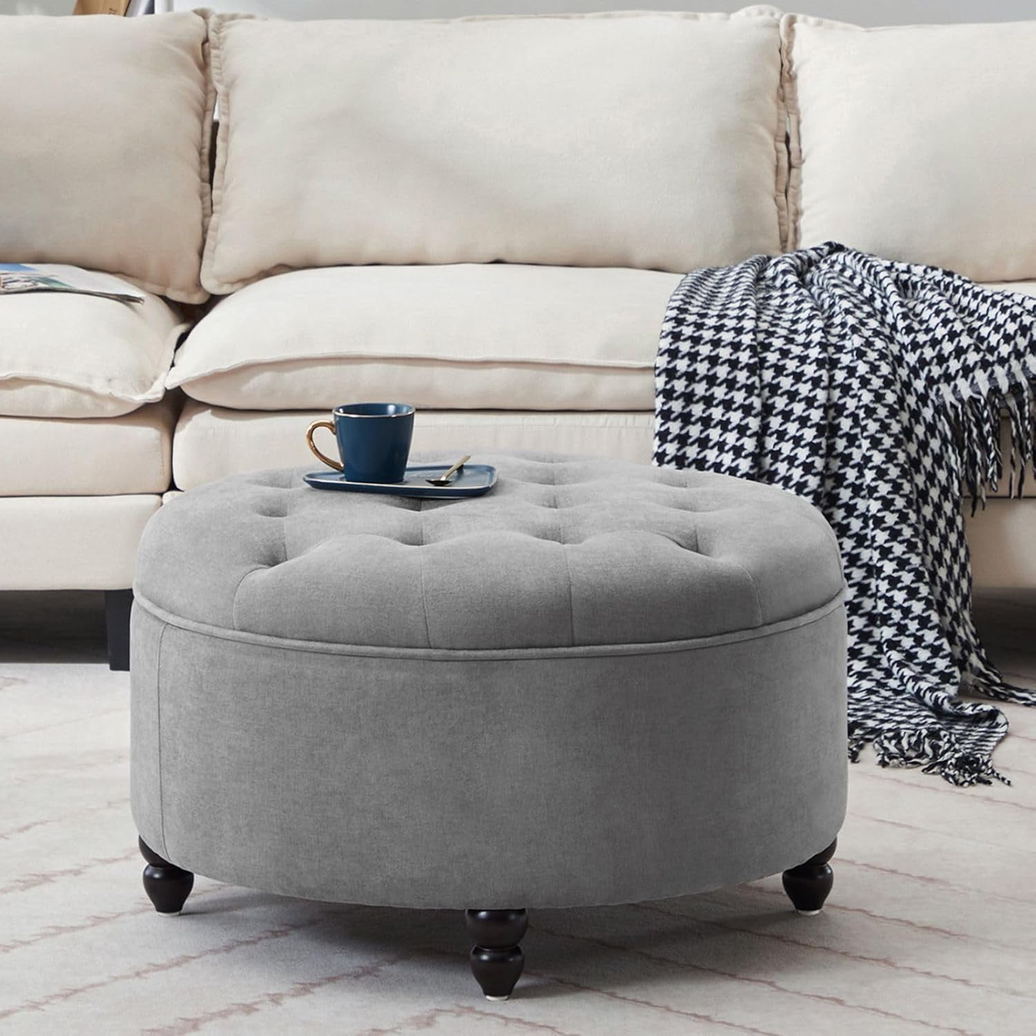 30-Inch Round Storage Ottoman, Modern Button Circle Storage Coffee ...