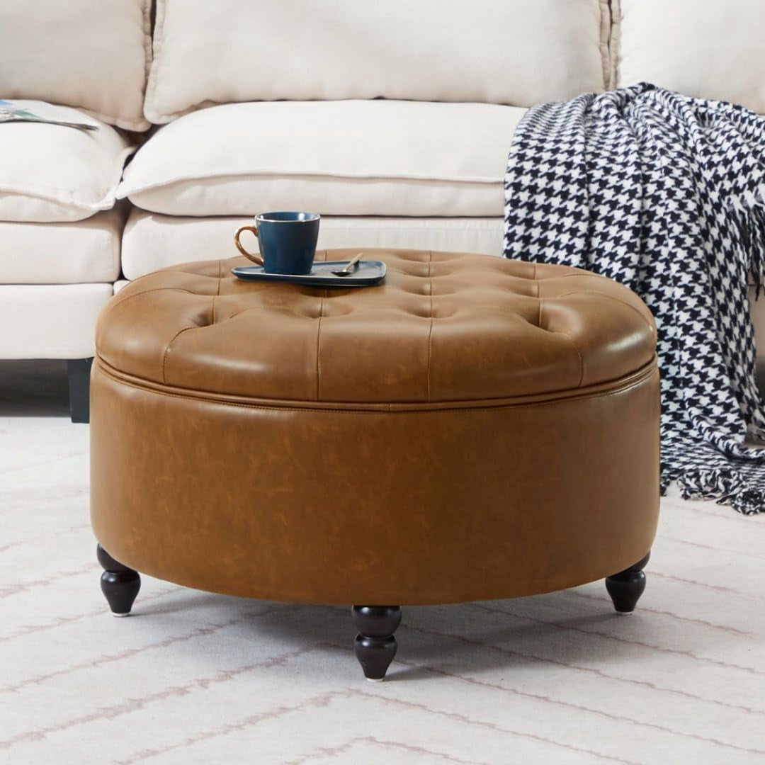 30-Inch Round Storage Ottoman, Modern Button Circle Storage Coffee ...