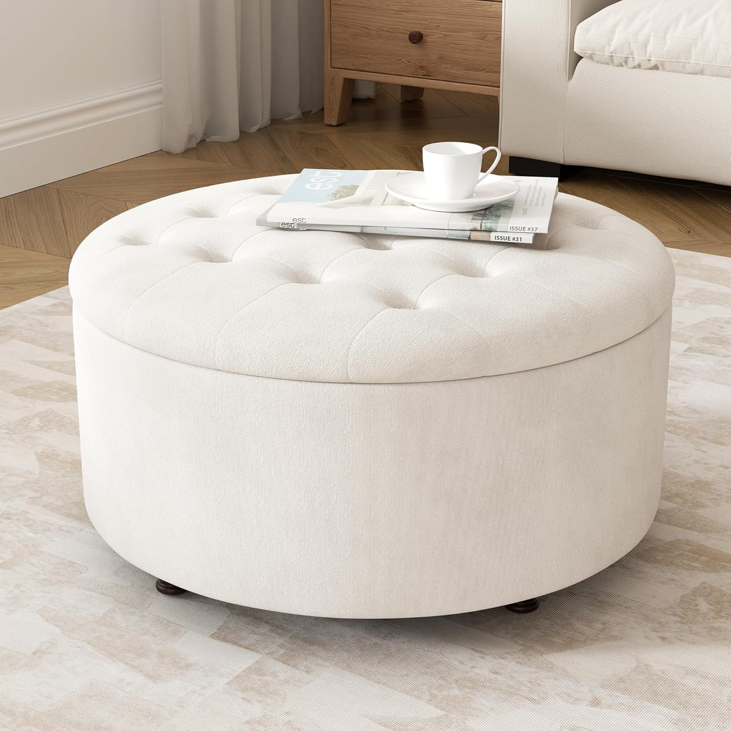 30 Inch Round Storage Ottoman,Modern Tufted Ottomans,Circular Coffee Table with Removable Top ...