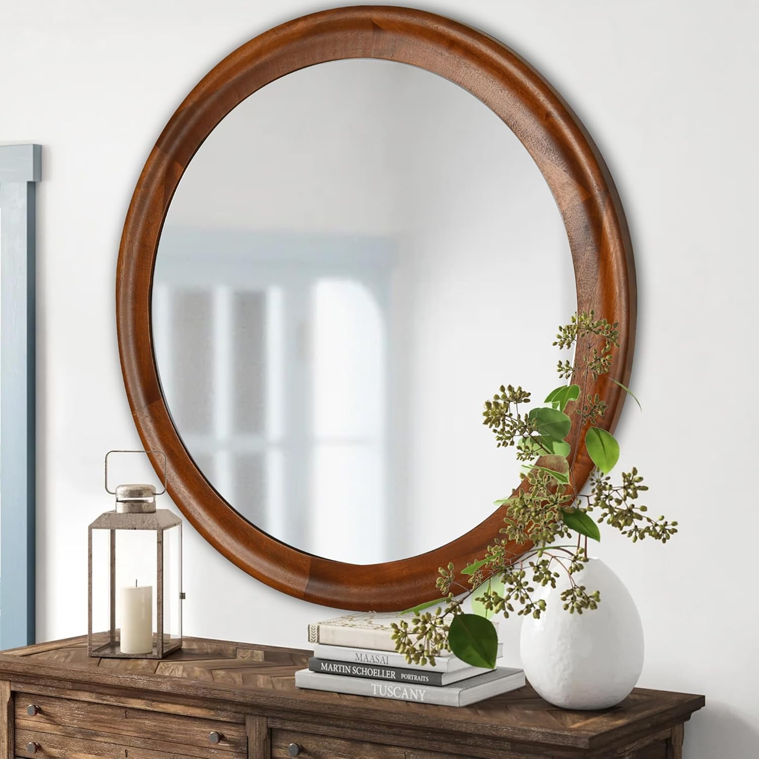 30 Inch Round Wall Mirrors with Walnut Frame, Wood Rustic Decorative ...