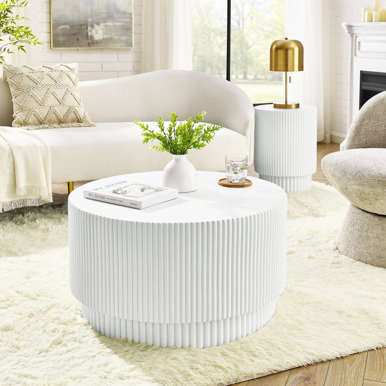 30 Inch Round Wood Coffee Table for Living Room, Modern Handcraft Drum ...