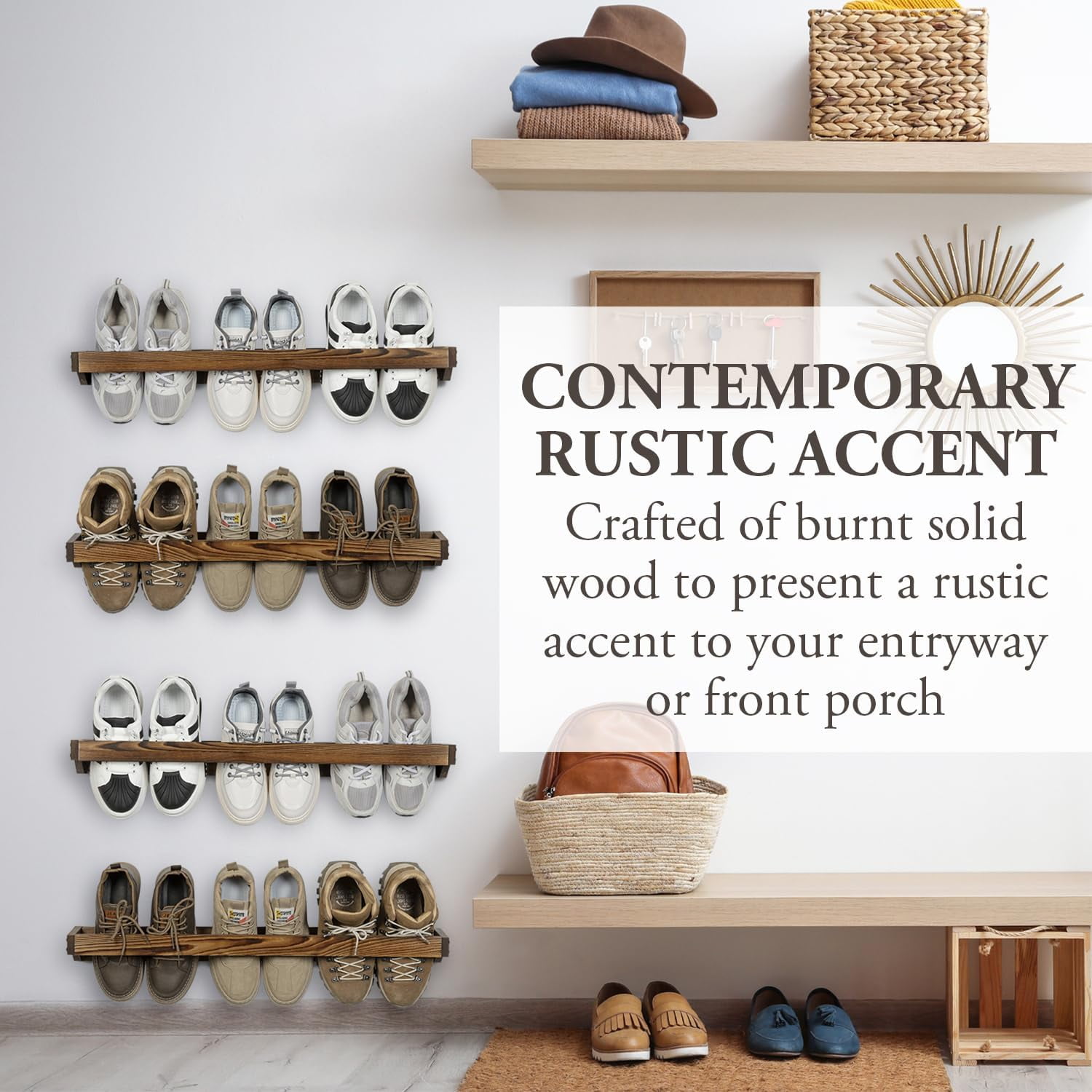 30 Inch Rustic Burnt Solid Wood Hanging Shoe Rack, Set of 4 Wall ...