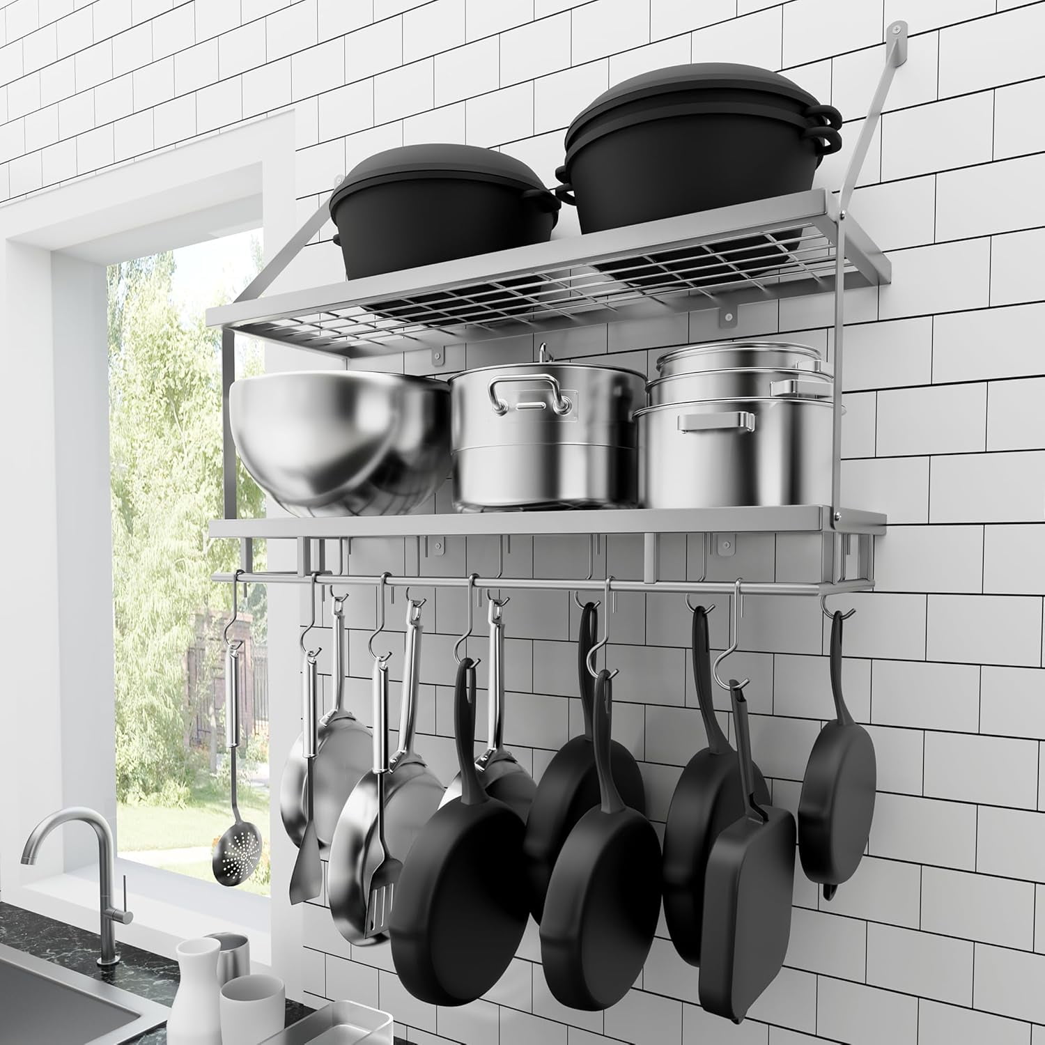 30-Inch Silver Gray Pot Rack Wall Mounted, 2-Tier Hanging Pot and Pan ...
