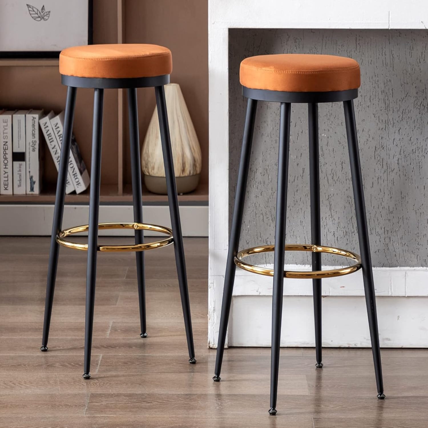 30 Inch Stools Modern Metal Stools with Golded Footrest Velvet Seat for ...