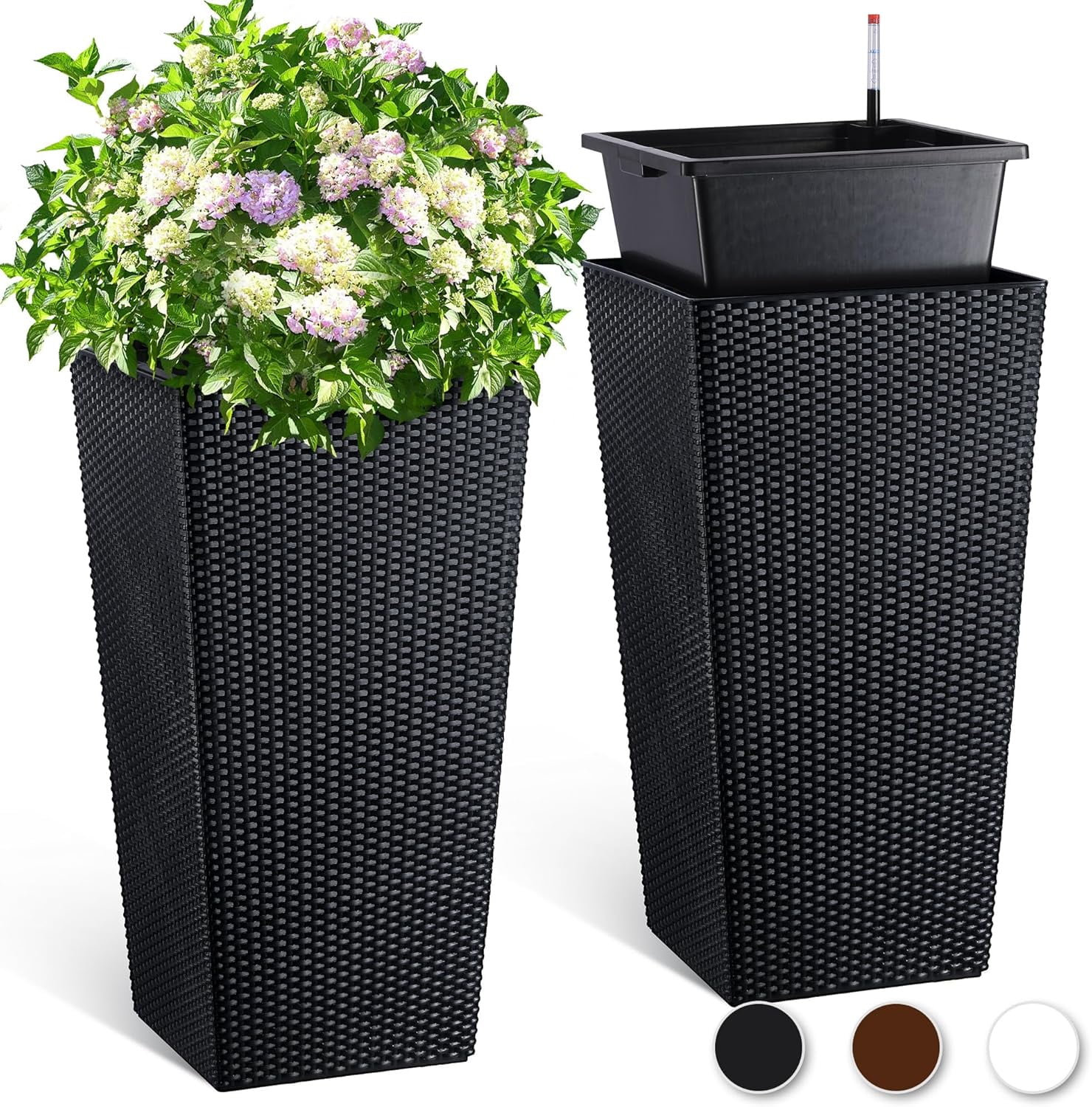 30 Inch Tall Planter Set of 2 Large Rattan Flower Pot with 2 Trays & a ...