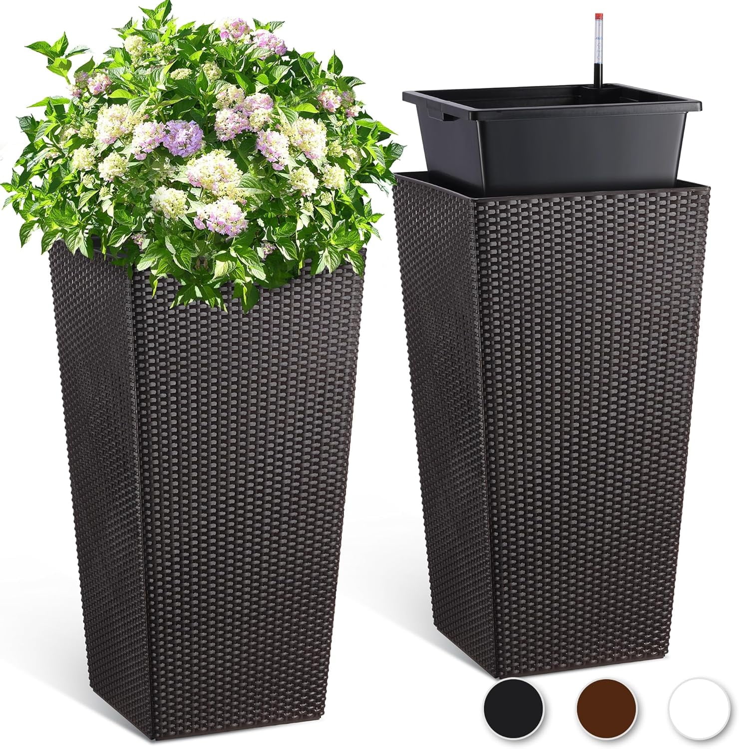 30 Inch Tall Planter Set of 2 Large Rattan Flower Pot with 2 Trays & a ...