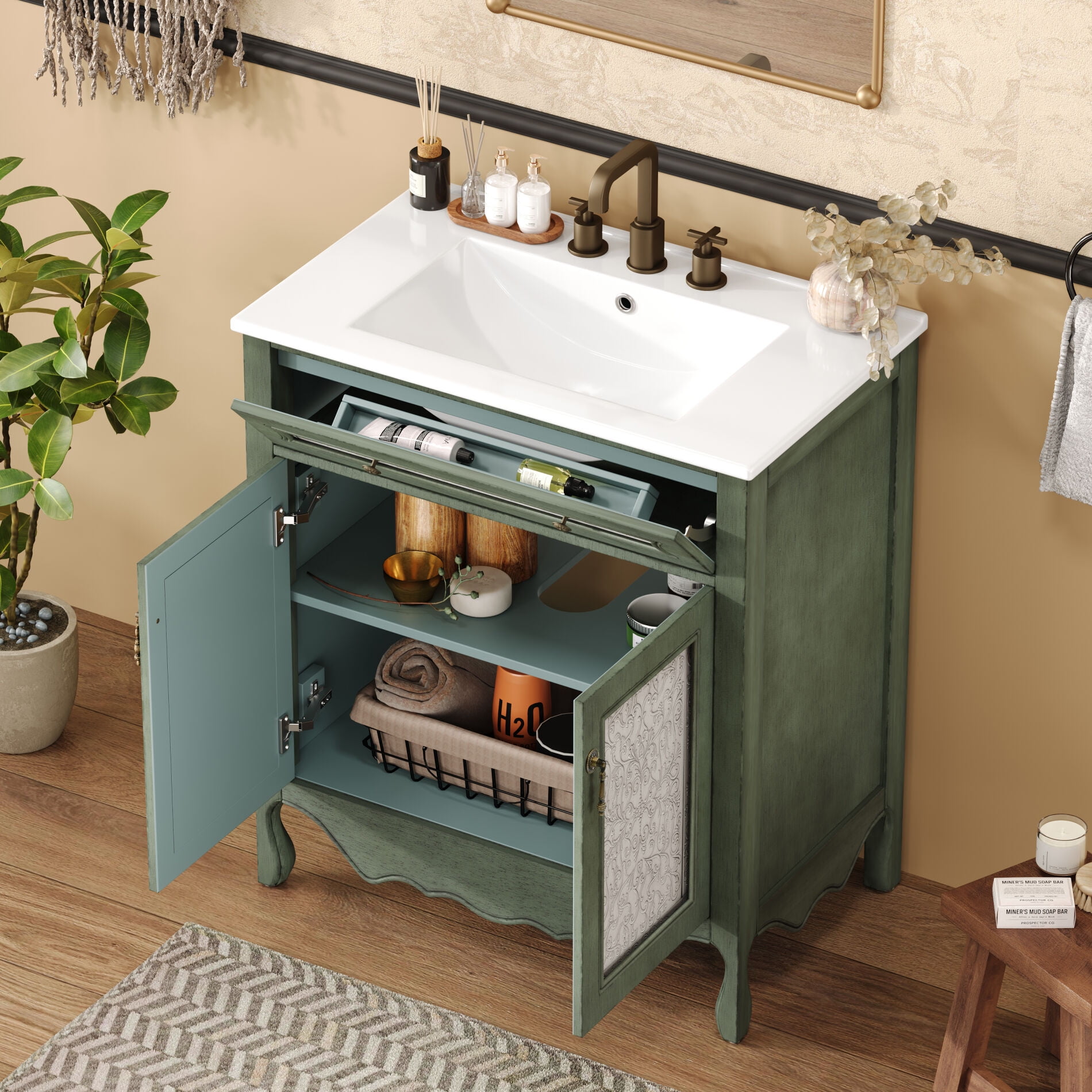 30 Inch Vanity with Vintage Floral Pattern, Rectangular Ceramic Sink ...