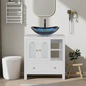 30-Inch White Bathroom Vanity with Water Ripple Design Door, Modern ...