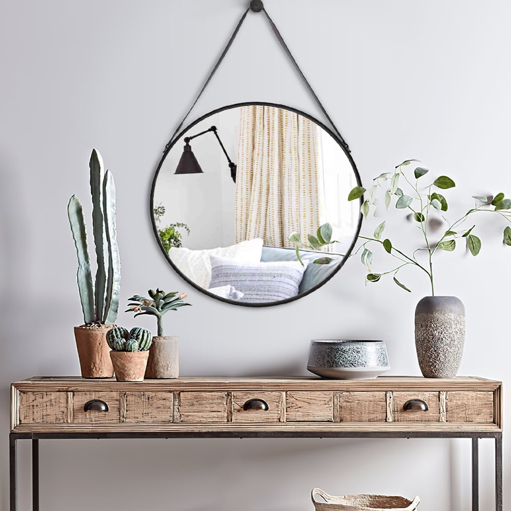 30 Inches Round Metal Wall Mirror with Felt Strap, Antique Bronze ...