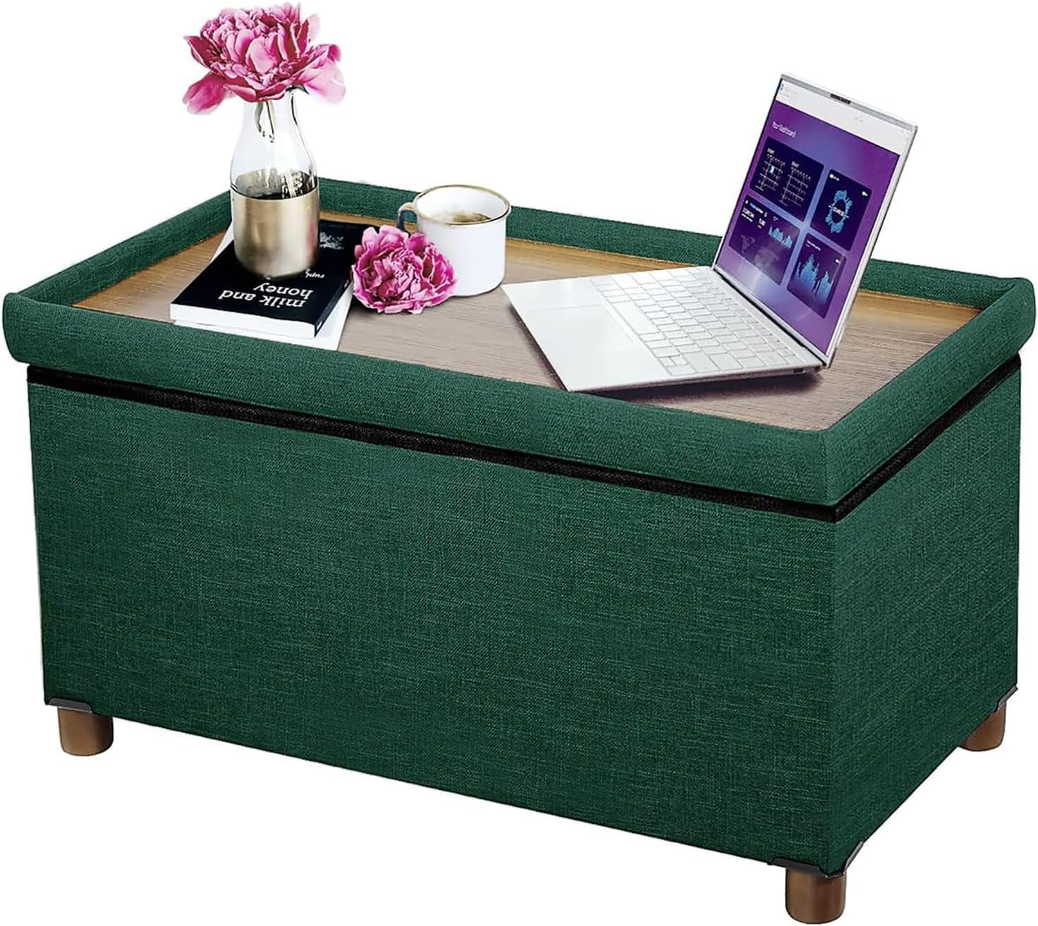 30 Inches Storage Ottoman Bench, Storage Bench with Wooden Legs for ...
