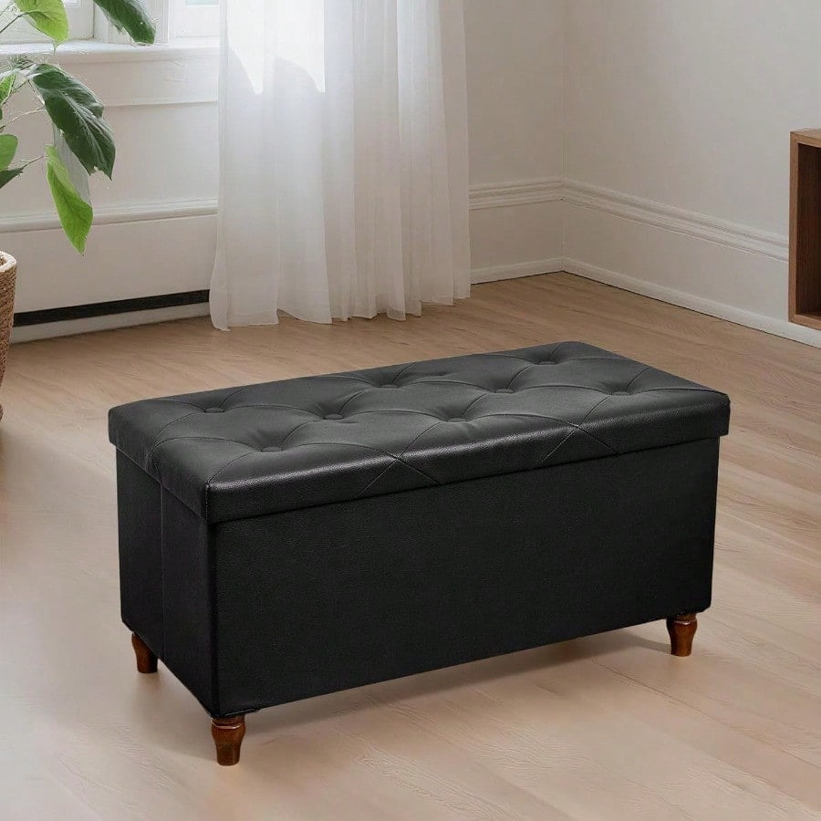 30 Inches Storage Ottoman Bench with Wooden Legs Faux Leather Folding ...