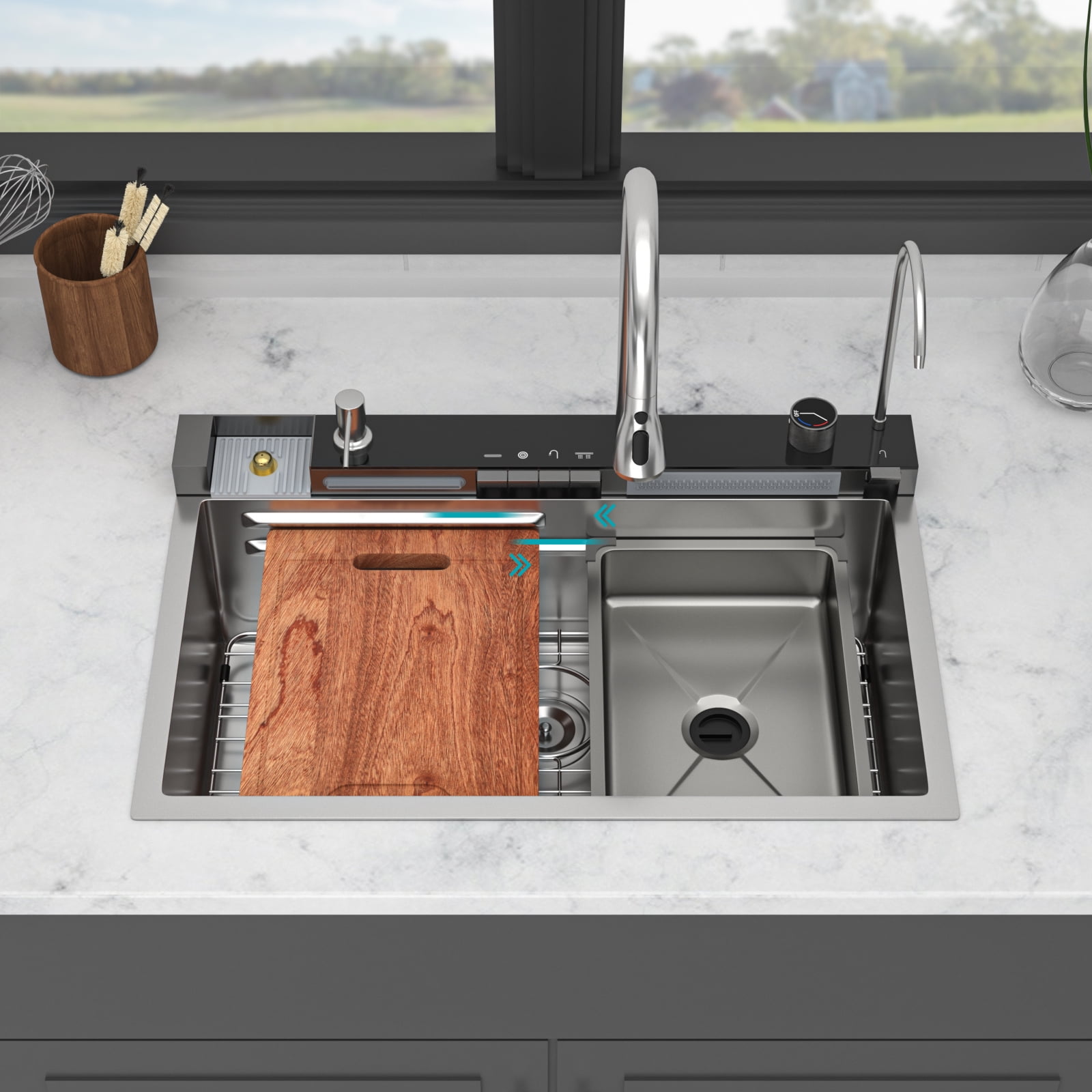 30" Kitchen Sink Waterfall Sink - 30 x 19 x 9 inch Multifunction Single ...