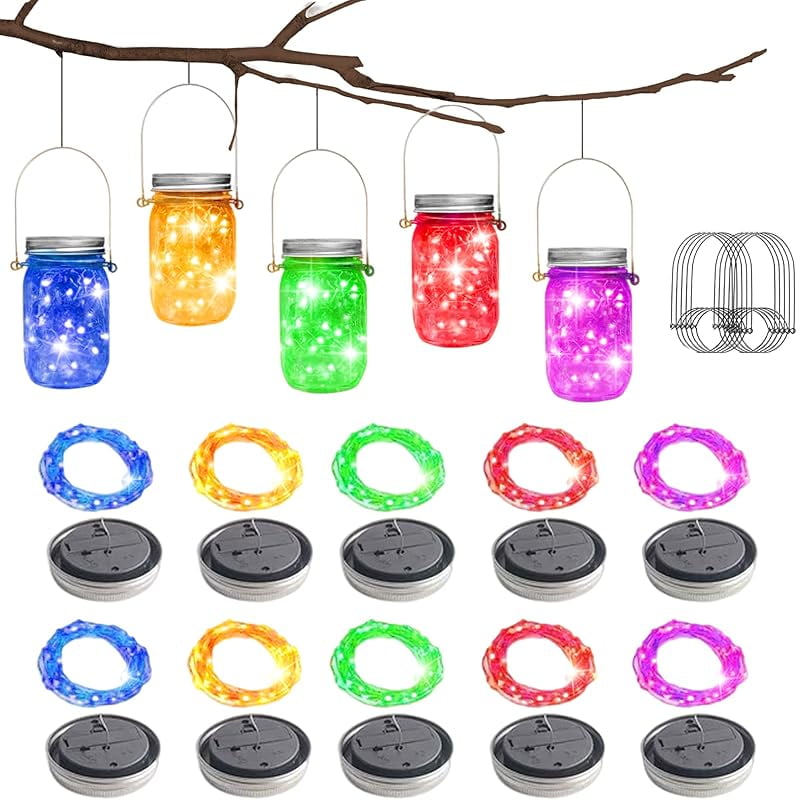30 LED 10 Packs Mason Jar Lights with Hangers Colorful Solar Mason Jar ...